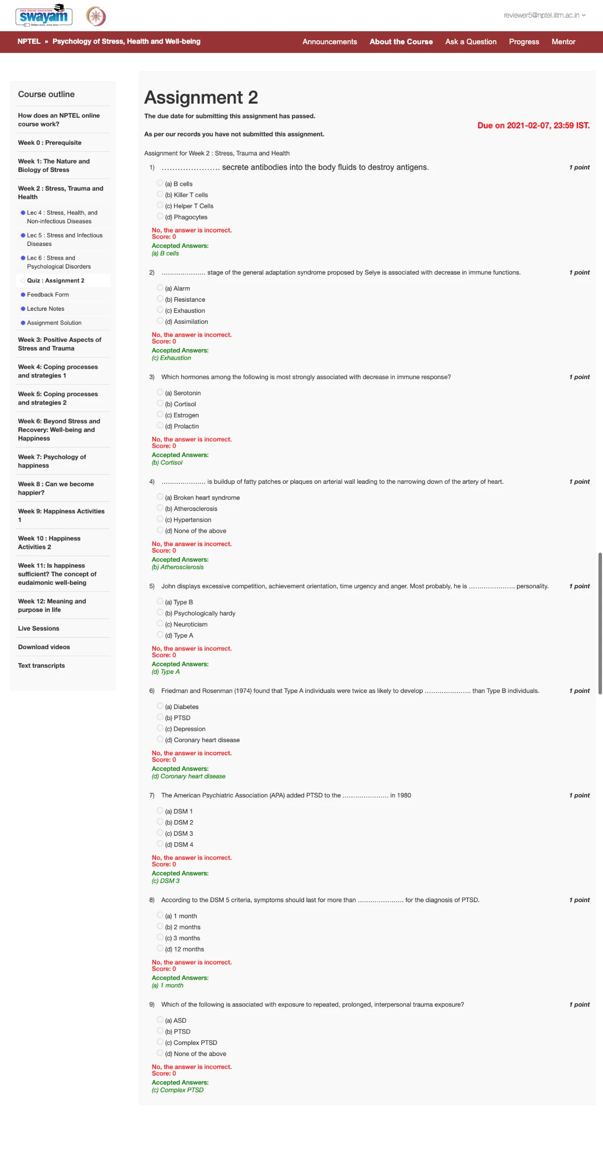 2021 assignment 1 - NPTEL- Psychology of Stress, Health Well-being Assignments - Studocu