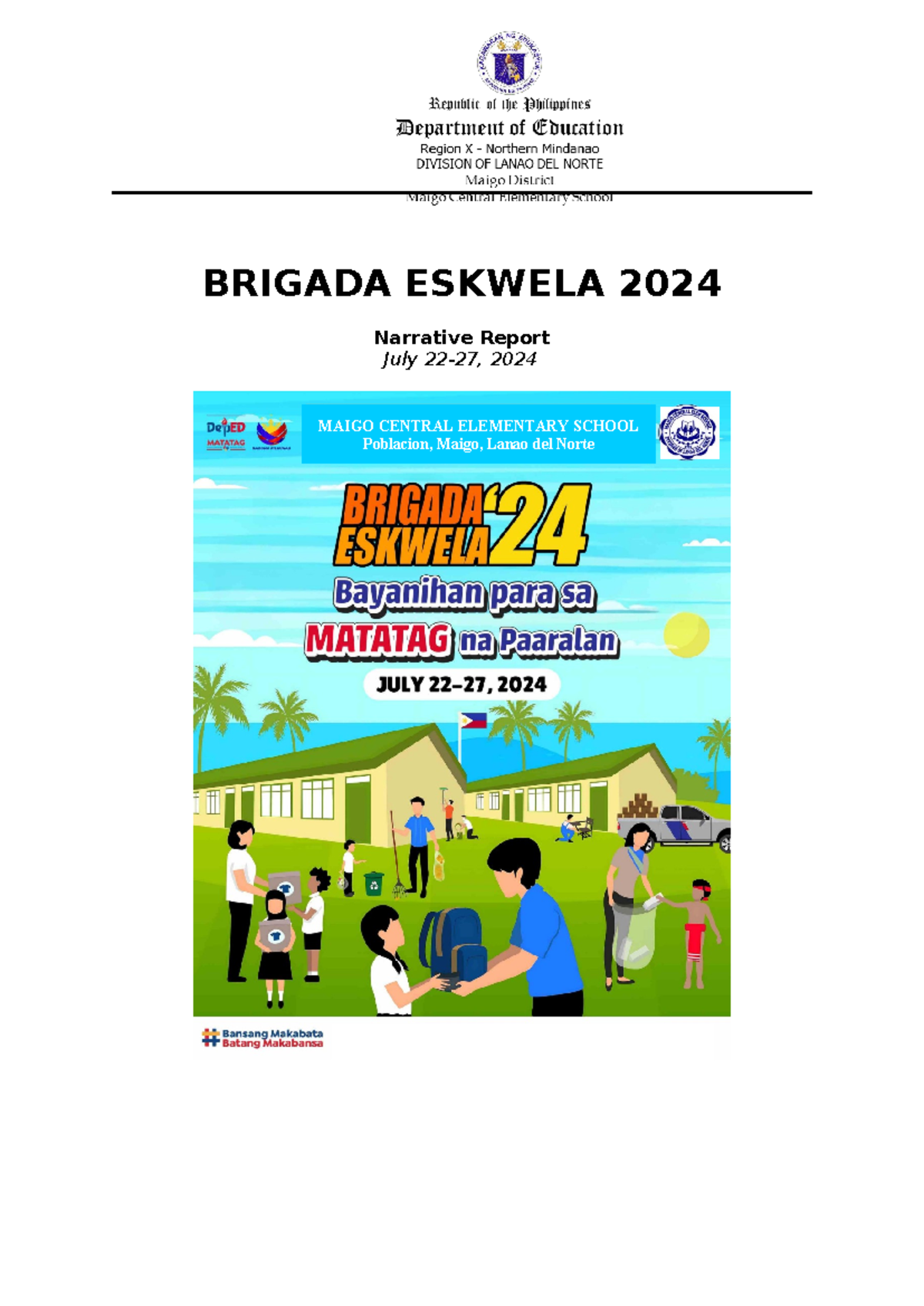 BE Narrative Report on Brigada Eskwela 2024 at Maigo Central ES - Studocu
