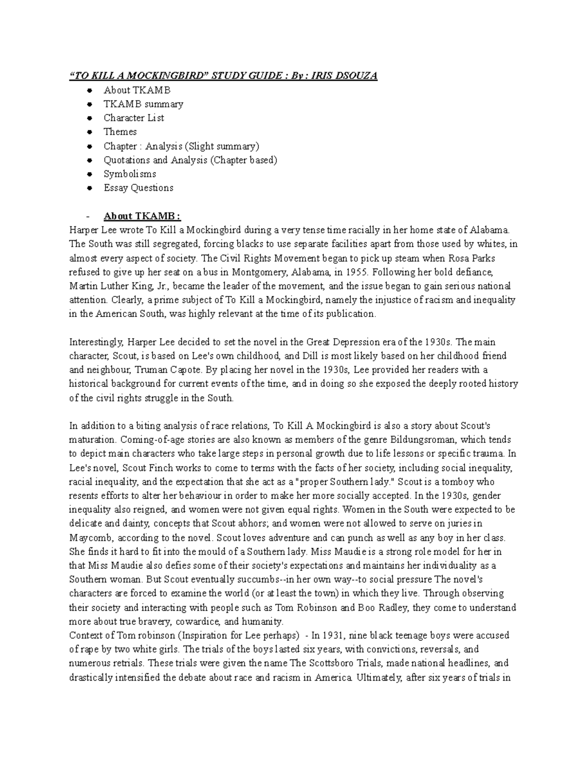 TO KILL A MOCKINGBIRD (TKAMB) Study Guide: Themes, Characters ...