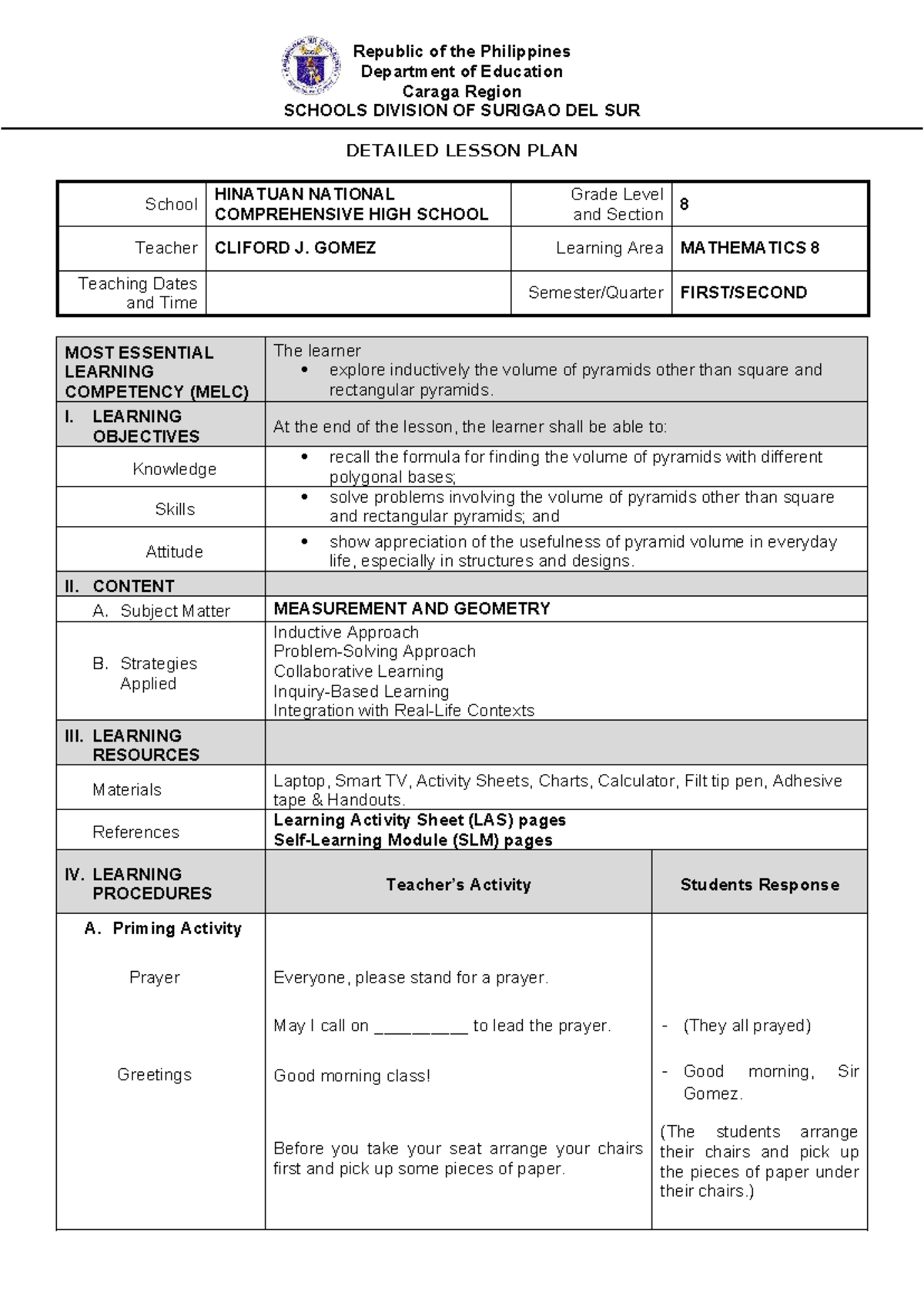 Detailed Lesson Plan on Volume of Pyramids for Math 8 - Studocu