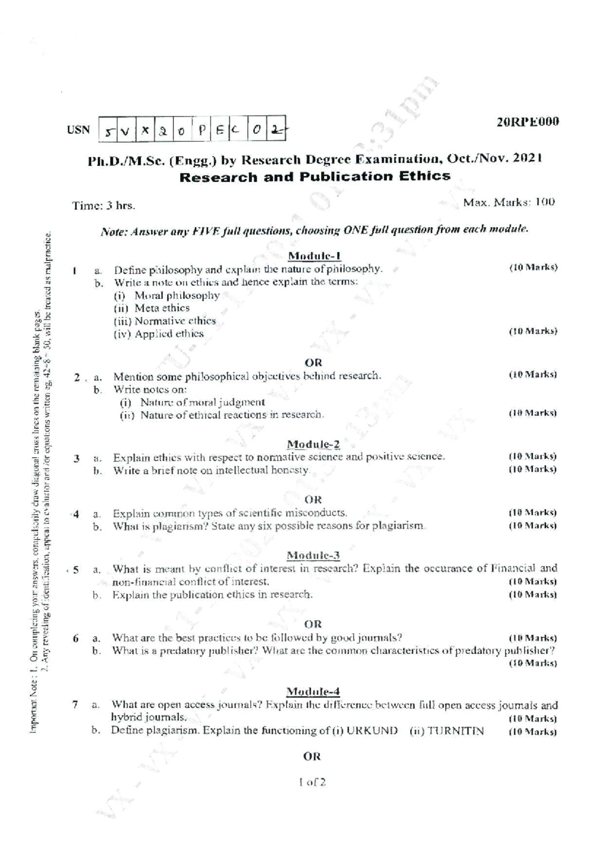 RPE 5VX20PEC01 Research Degree Exam 2021 - Question Paper - Studocu