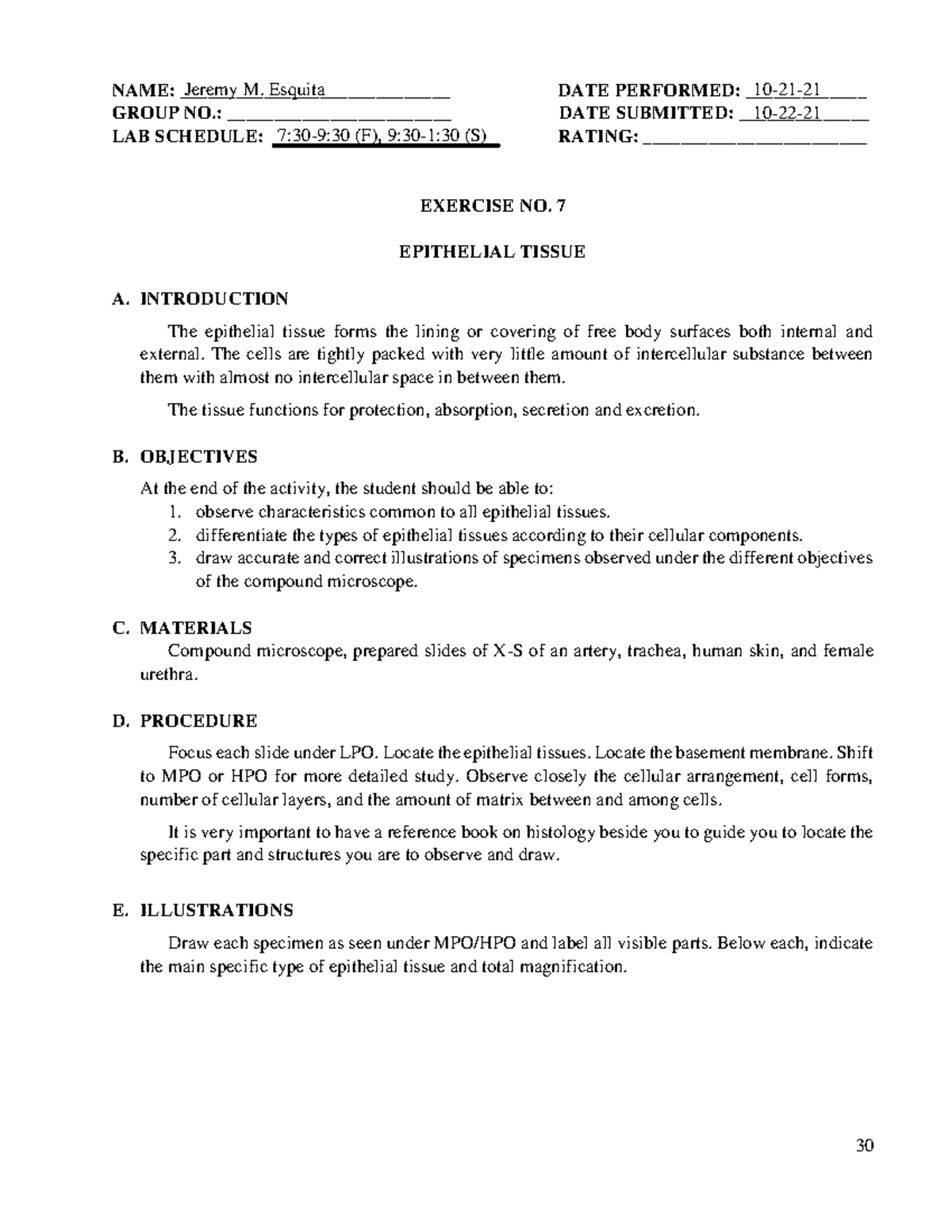 Exercise NO. 7 - Epithelial Tissue [ Jeremy Esquita] - NAME