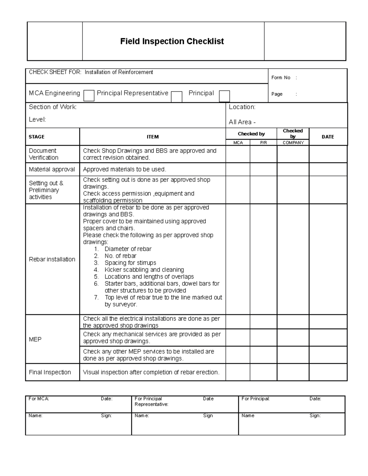 FIC - Reinforcement - FIC - formwork - Field Inspection Checklist CHECK SHEET FOR: Installation ...