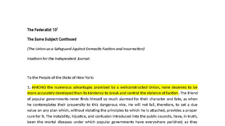 Federalist 101: The Union as a Safeguard Against Faction - Studeersnel