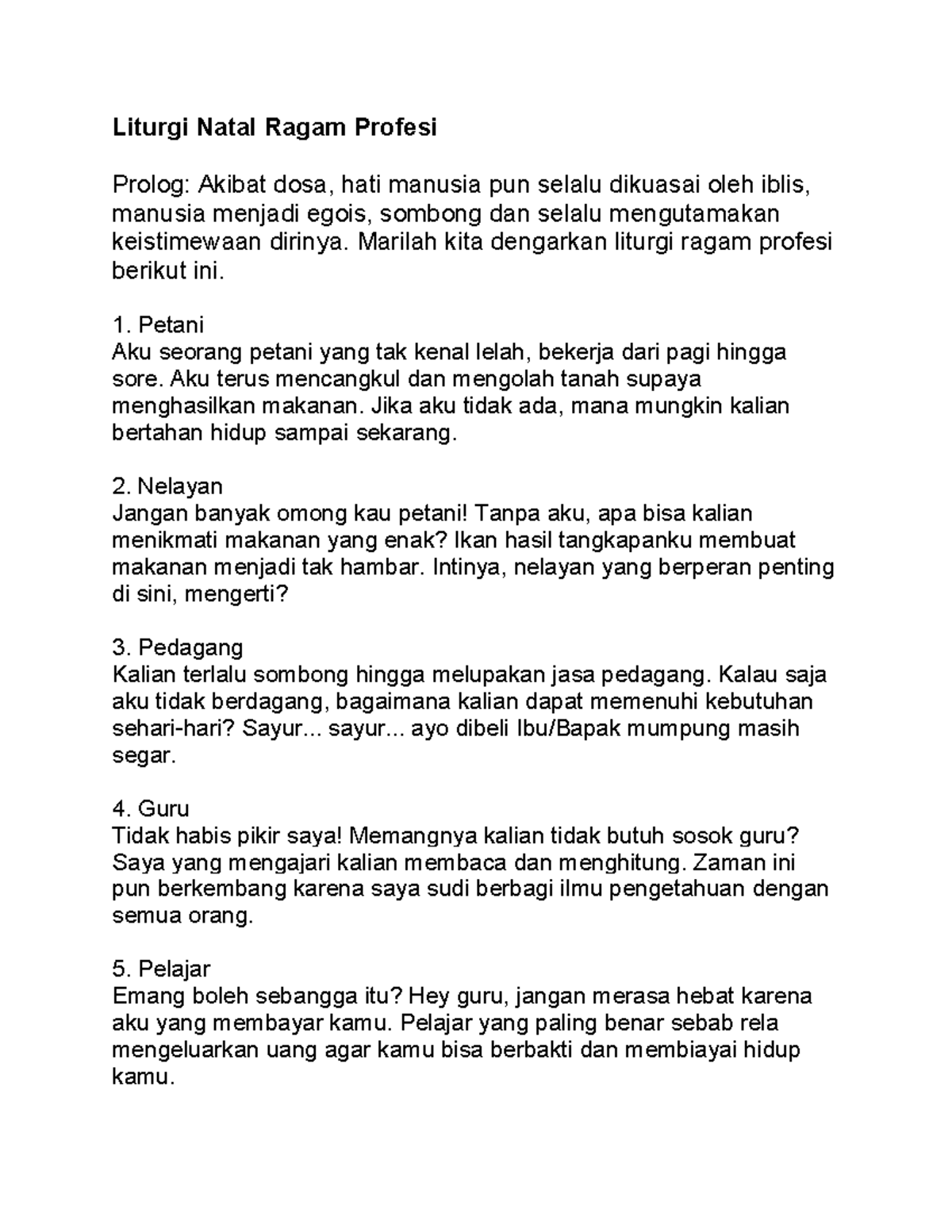 Liturgi Natal: Ragam Profesi dan Peran dalam Kehidupan Manusia - Studocu