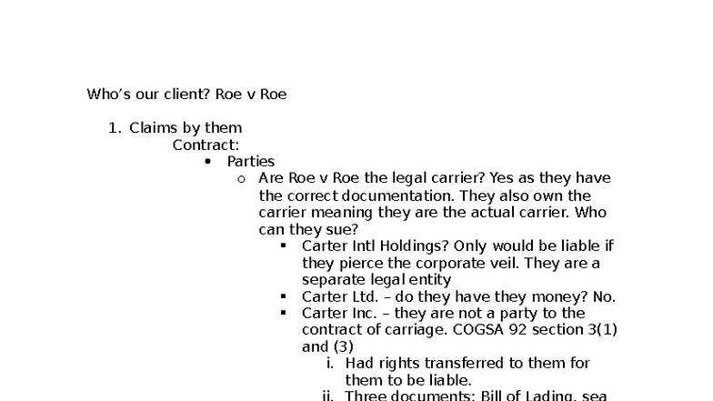 CLIS T4 - Tutorial 4 Notes on Roe v Roe Case Analysis - Studocu
