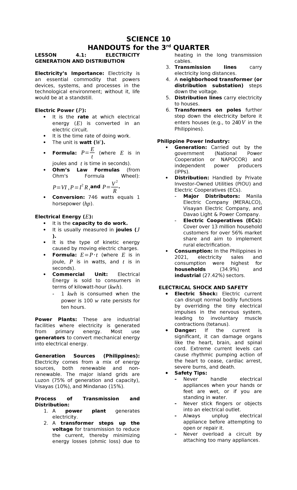 SCIENCE 10 HANDOUTS: 3rd QUARTER LESSON 4.1 & 4.2 - ELECTRICITY ...