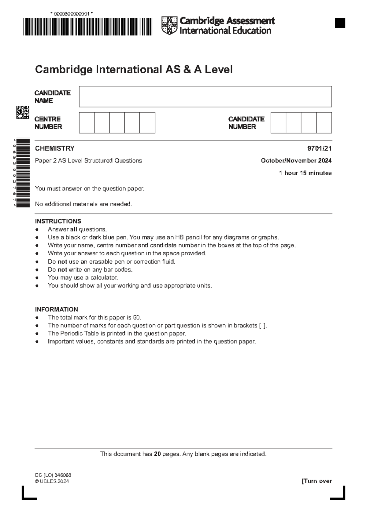 Cambridge International AS A Level 9701 Chemistry Paper 2 Structured ...