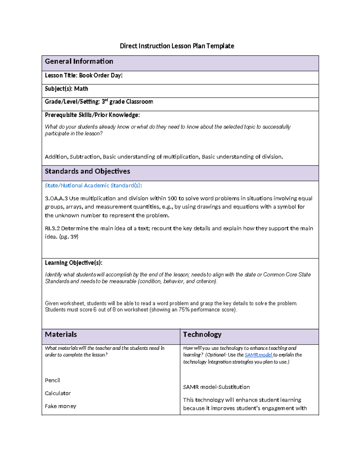 LIM2 TASK 1 - Math Lesson Plan for 3rd Grade: Book Order Day! - Studocu