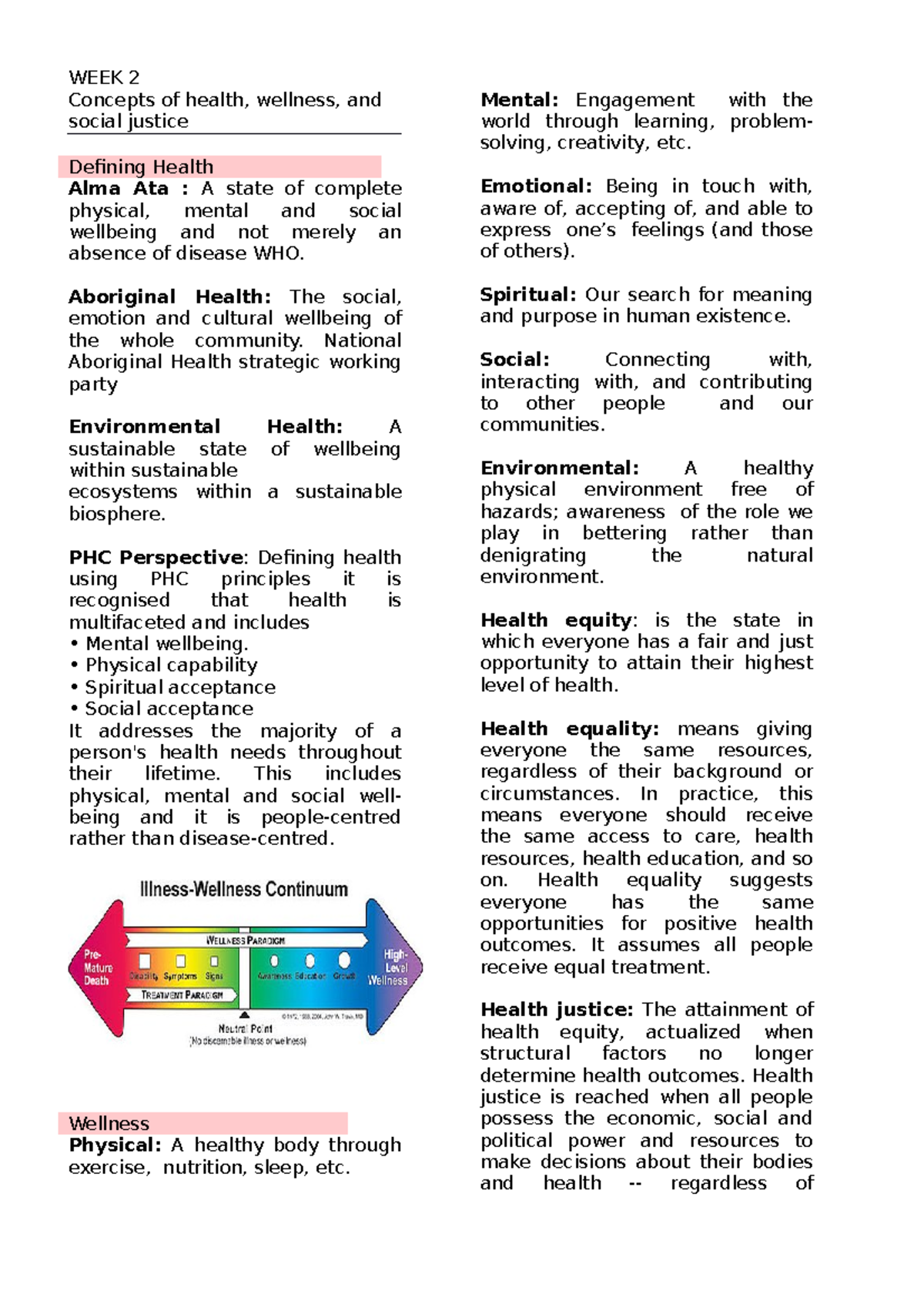 Concepts of health, wellness, and social justice - WEEK 2 Concepts of ...