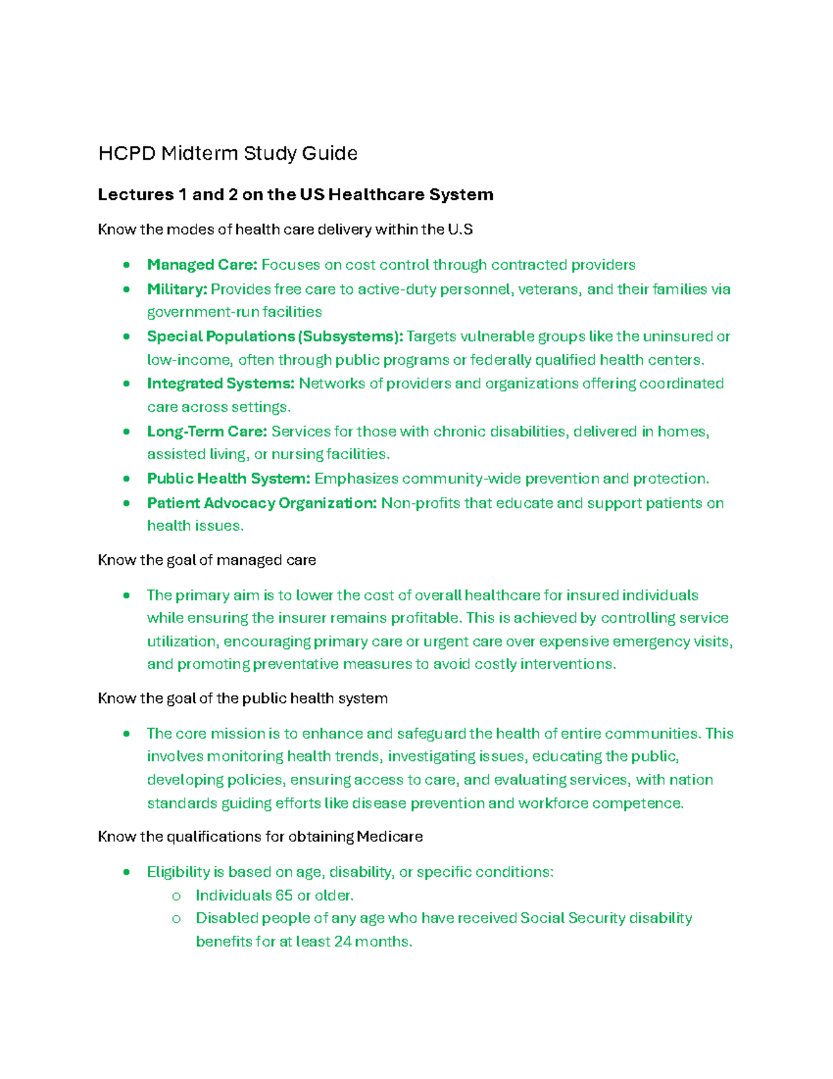 HCPD Midterm Study Guide: U.S. Healthcare System & Disparities - Studocu