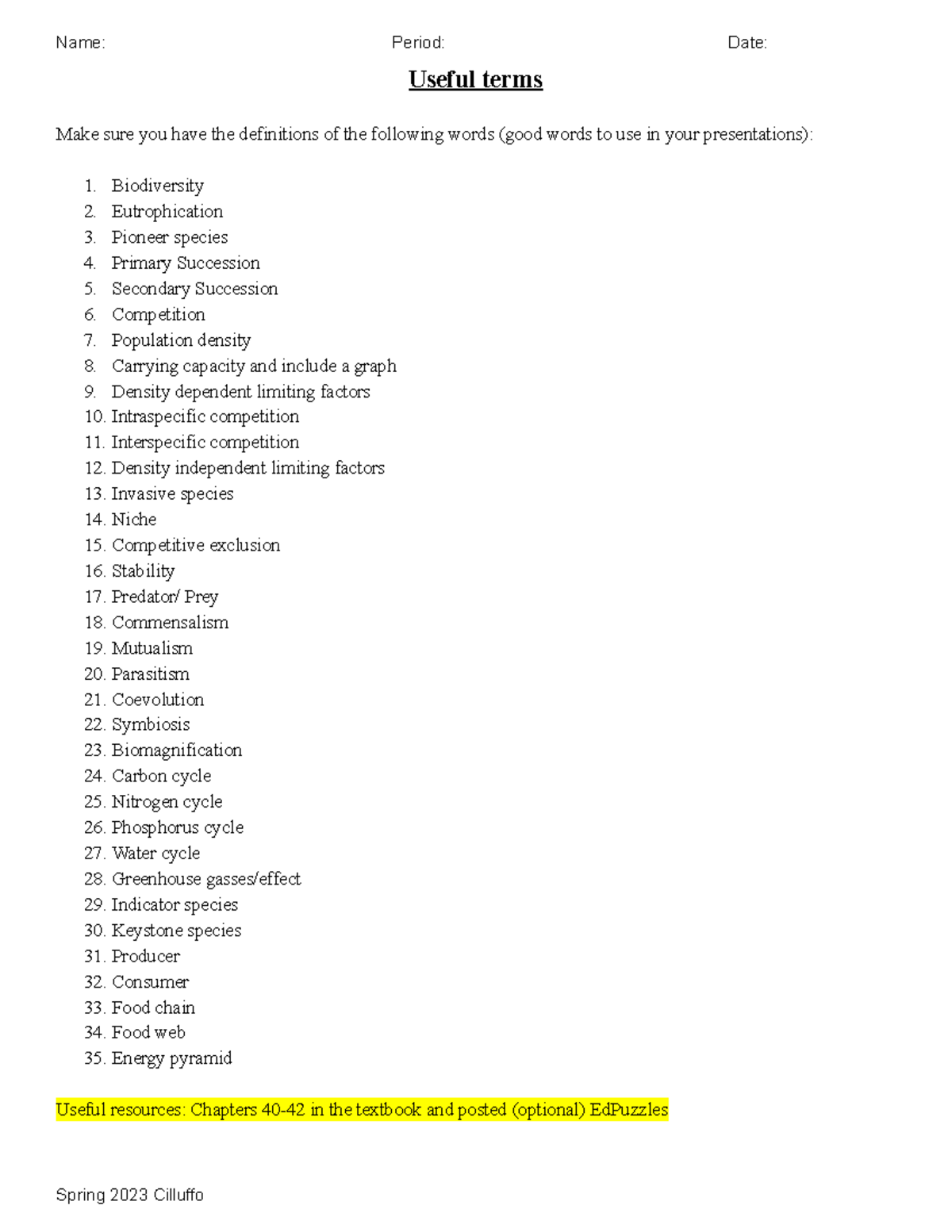 Ecology Vocabulary List Fall 2023 for Effective Presentations - Name ...