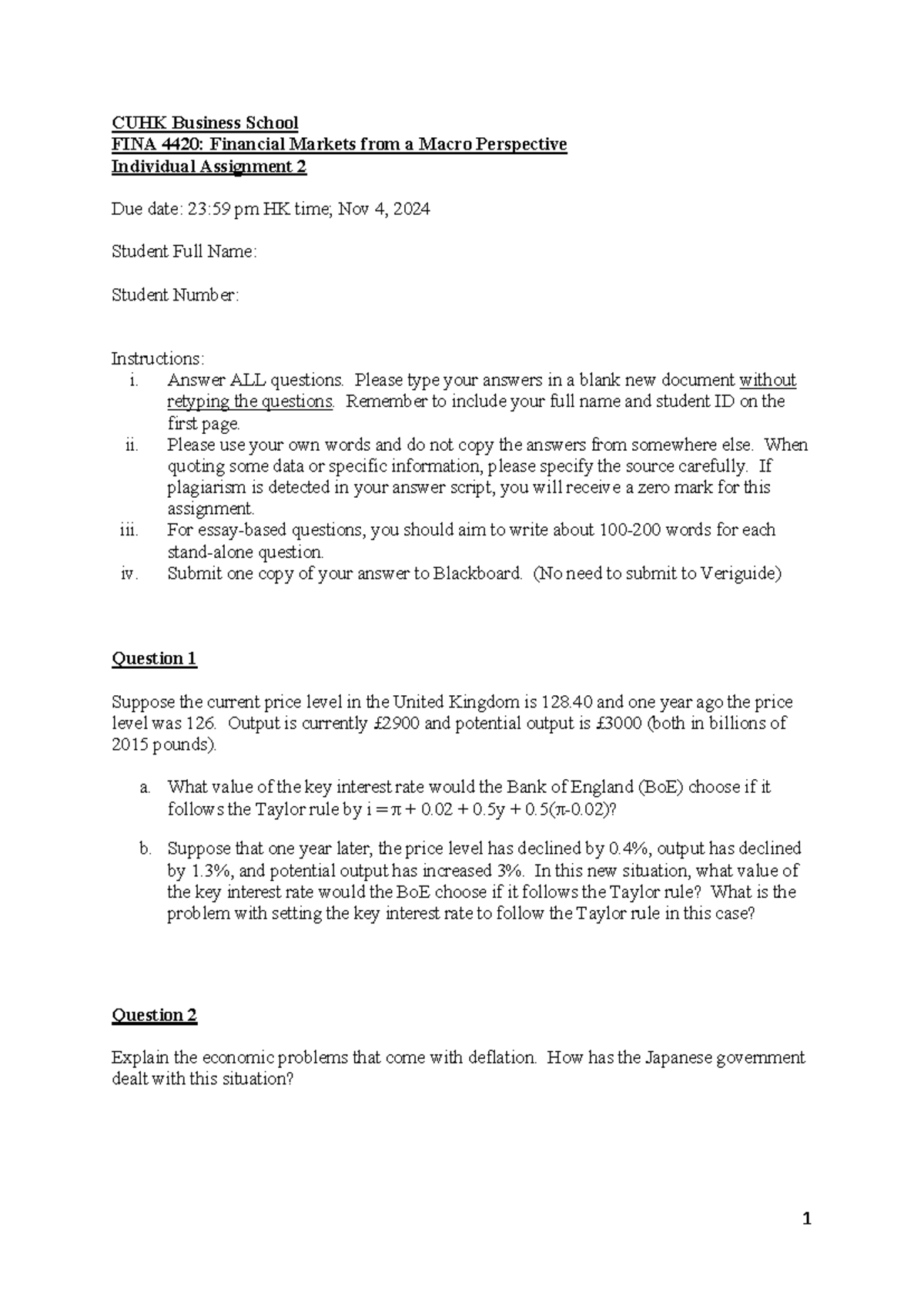 FINA4420 Assignment 2 Instructions for T1 2024-2025 Students - Studocu