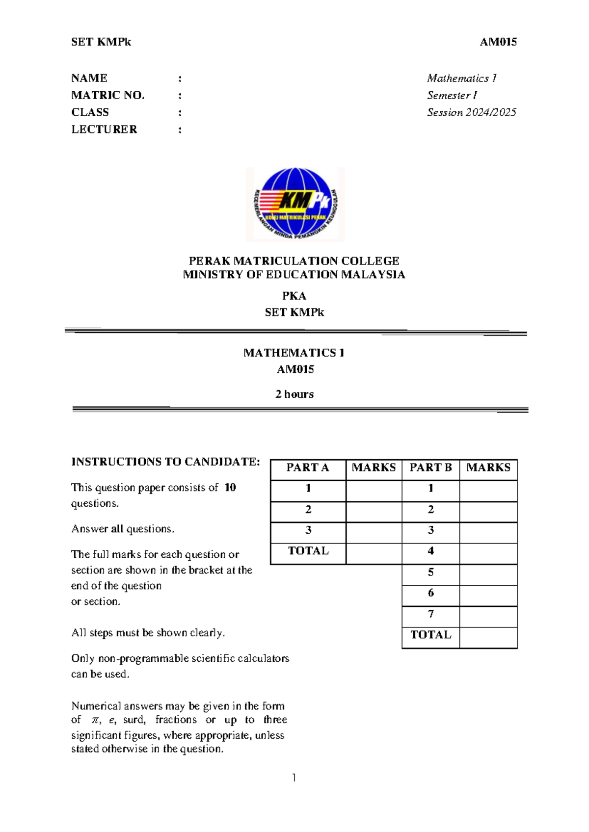 Mathematics 1 AM015: Sample Exam Questions for Semester I - Studocu