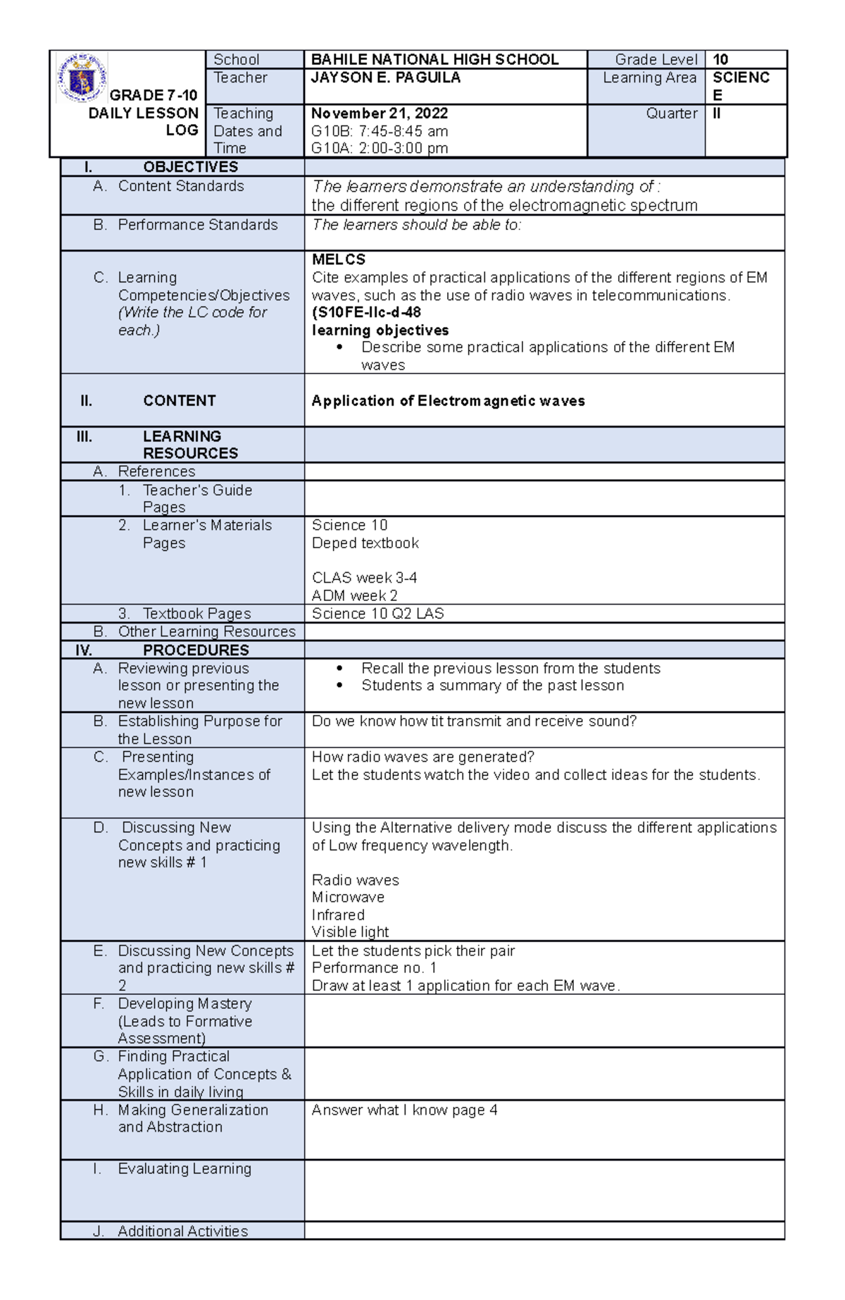 Application and Effects of EM Waves - Lesson Plan G10 Science - Studocu