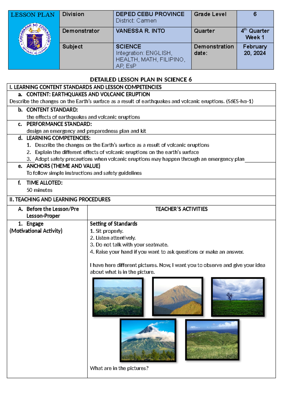 Detailed Science 6 Lesson Plan on Volcanoes and Eruption Effects - Studocu