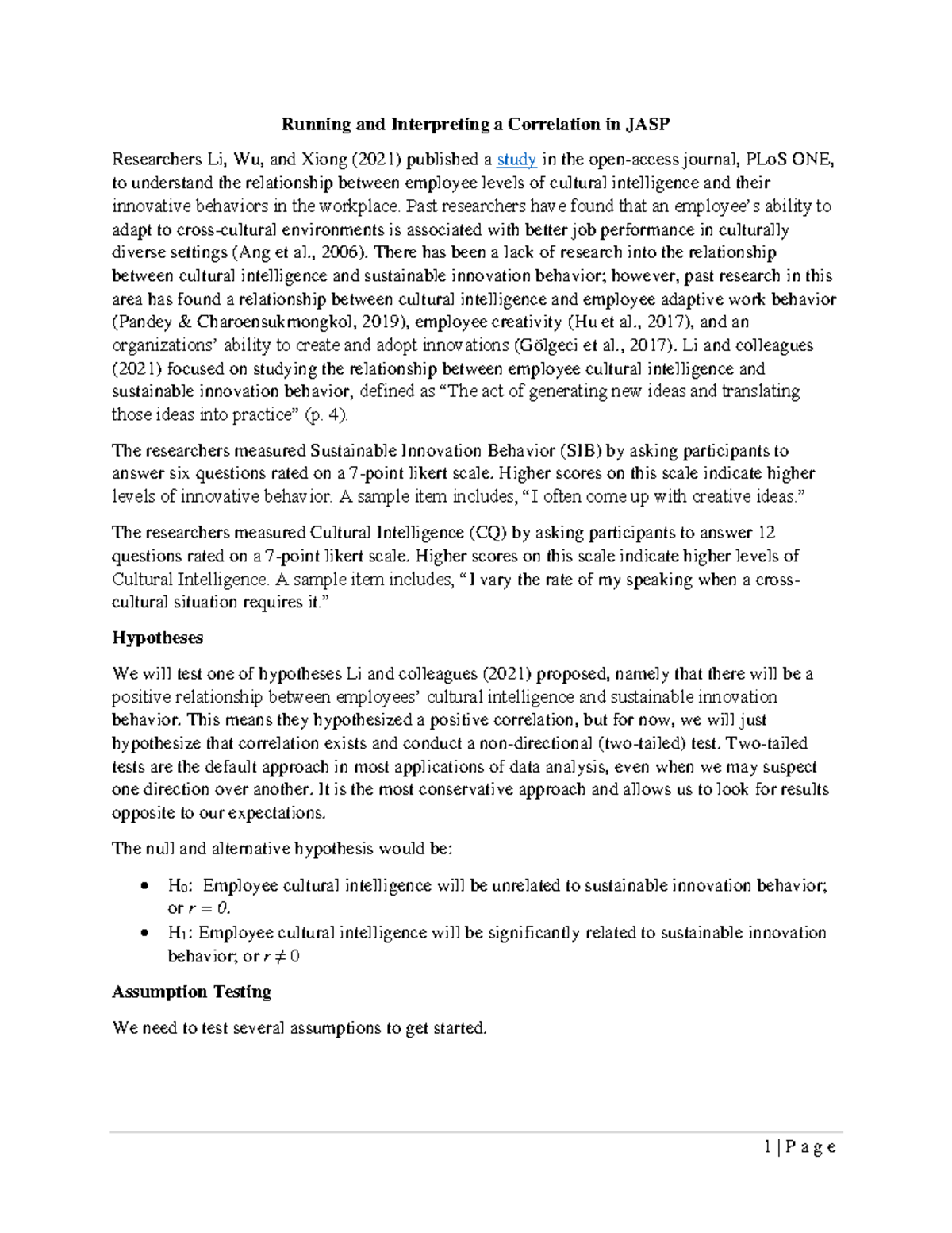 PSY 301: Pearson Correlation Analysis in JASP - Step-by-Step Guide - Studocu