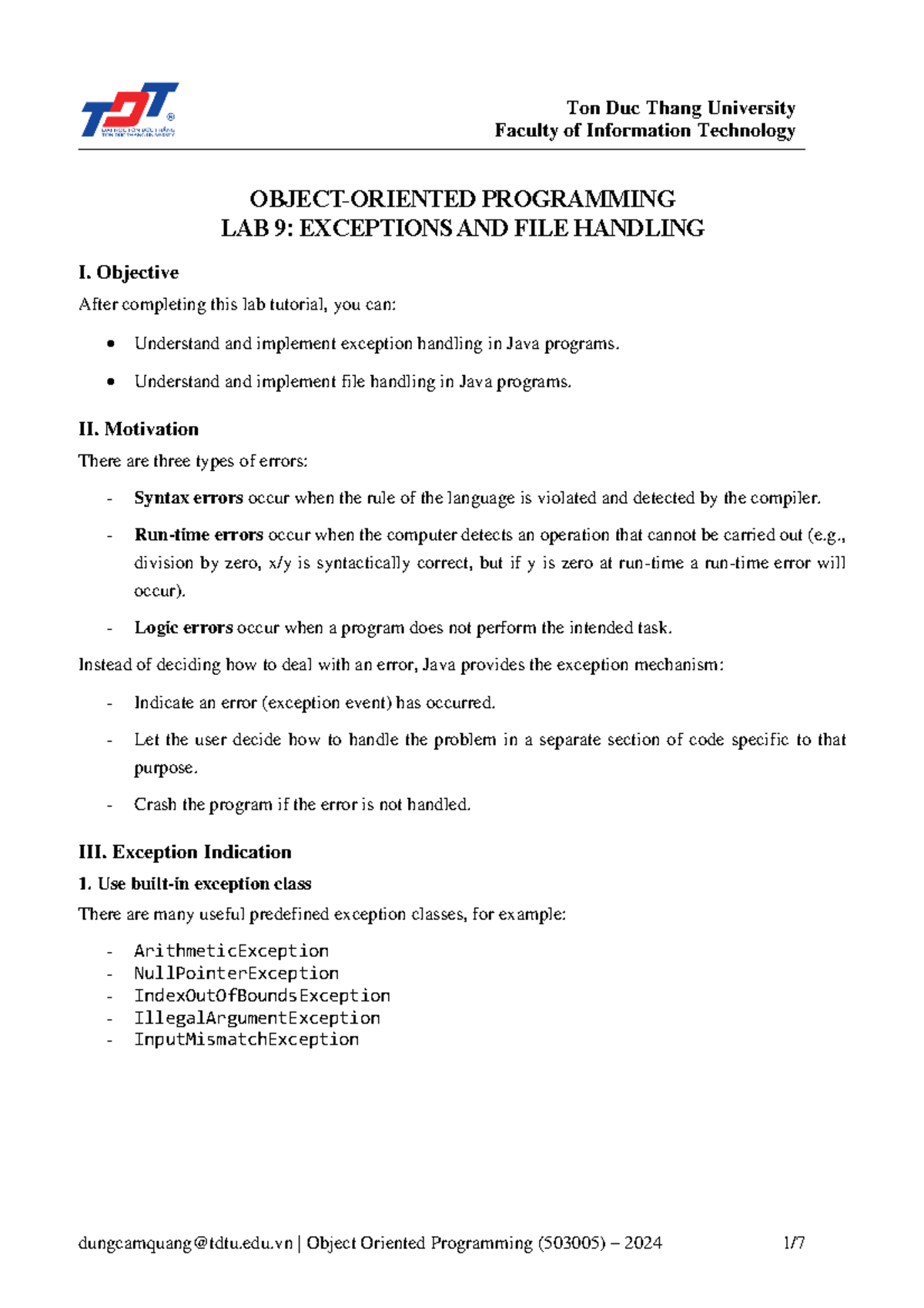 Object Oriented Programming (503005) Lab 9: Exceptions & File Handling - Studocu