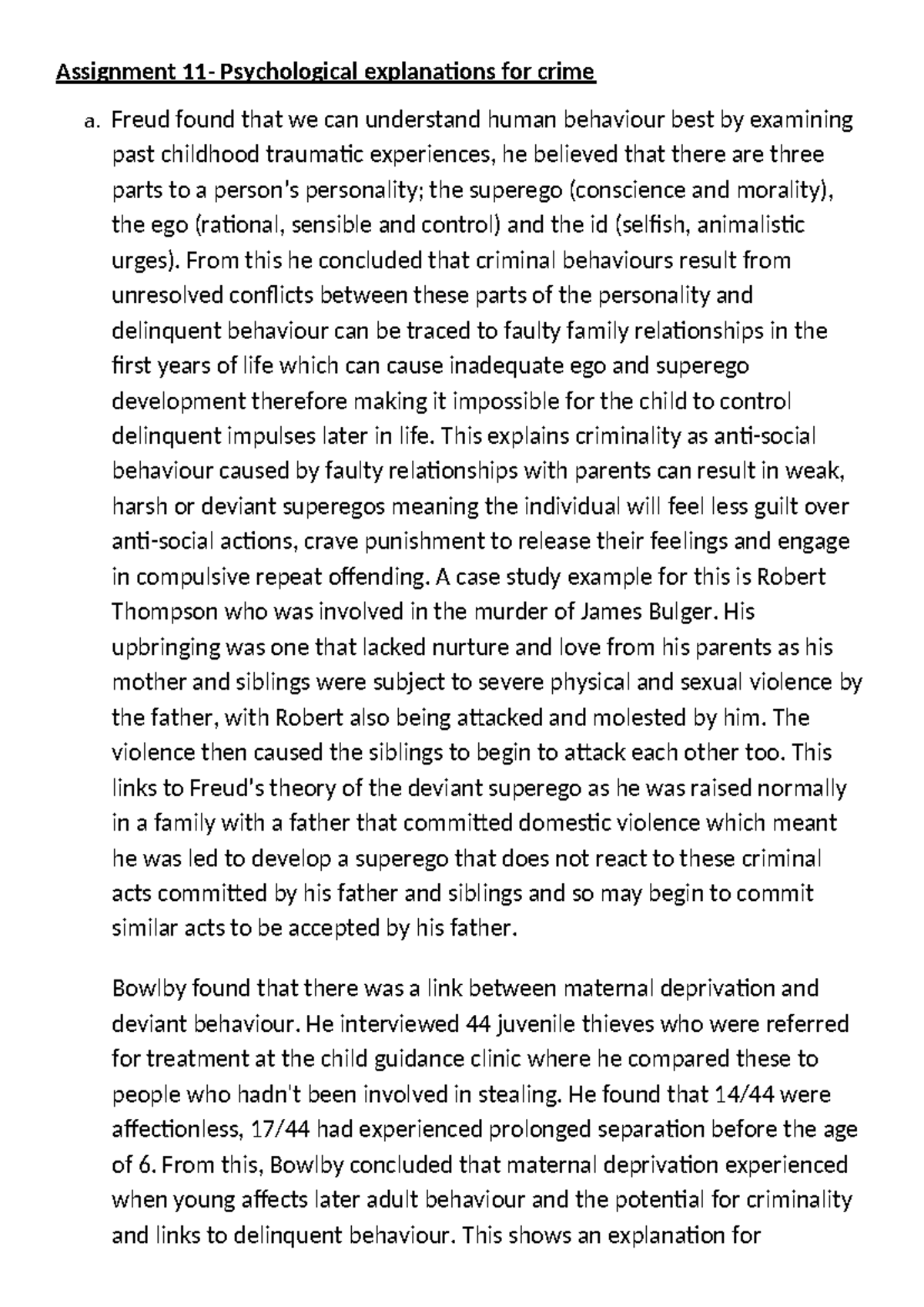 Assignment 11: Psychological Explanations for Crime and Behavior - Studocu