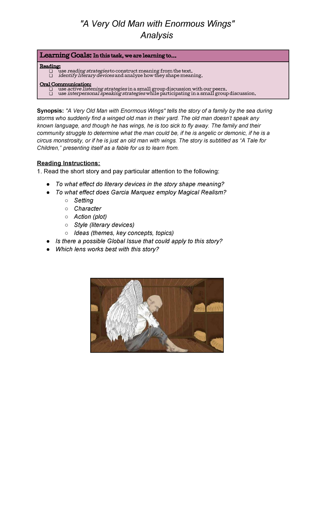 A Very Old Man with Enormous Wings: Analysis & Learning Goals - Studocu