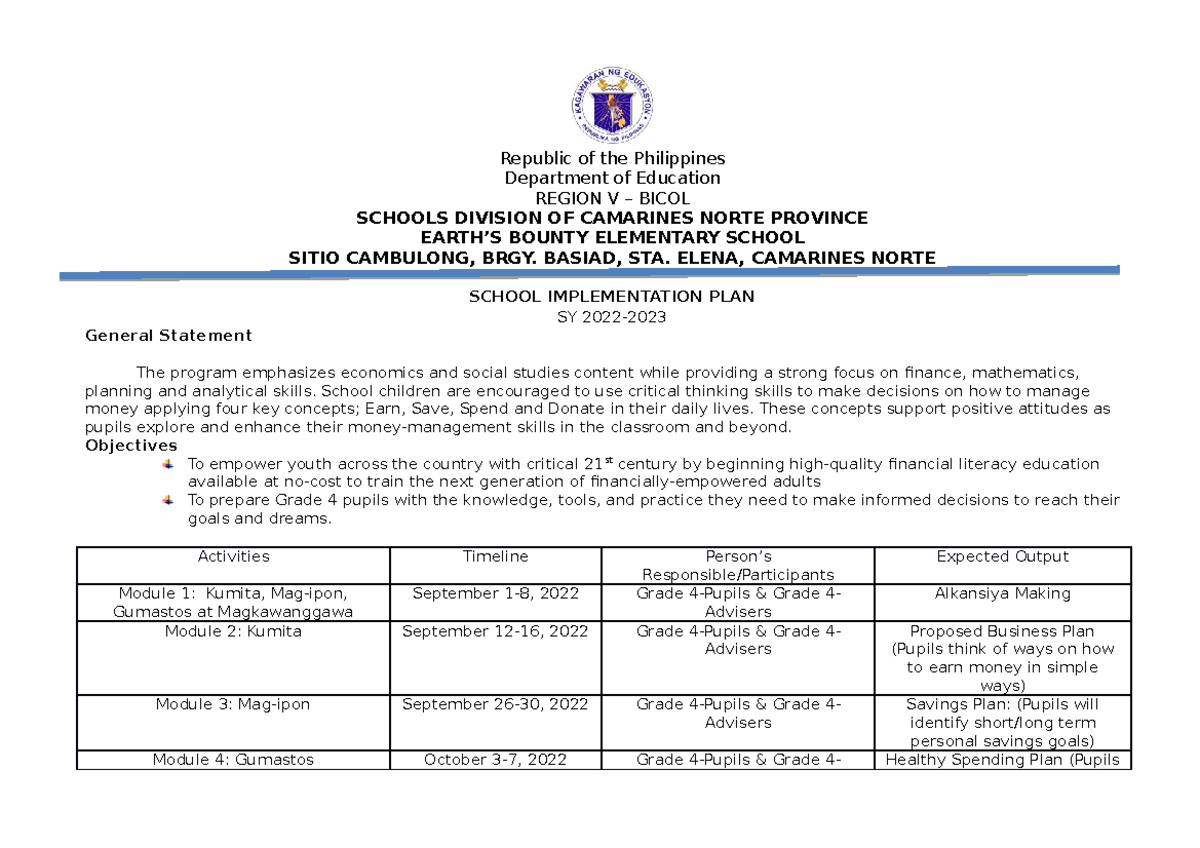 Cha Ching Action Plan - Republic of the Philippines Department of ...