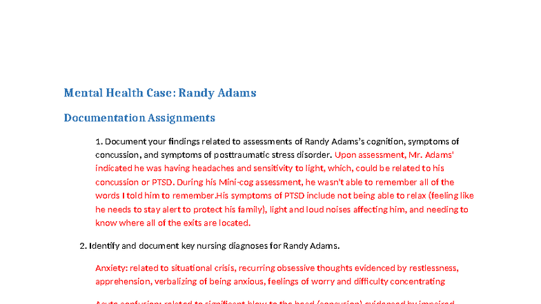 Nursing Care Report: Assessments & Interventions for Randy Adams ...