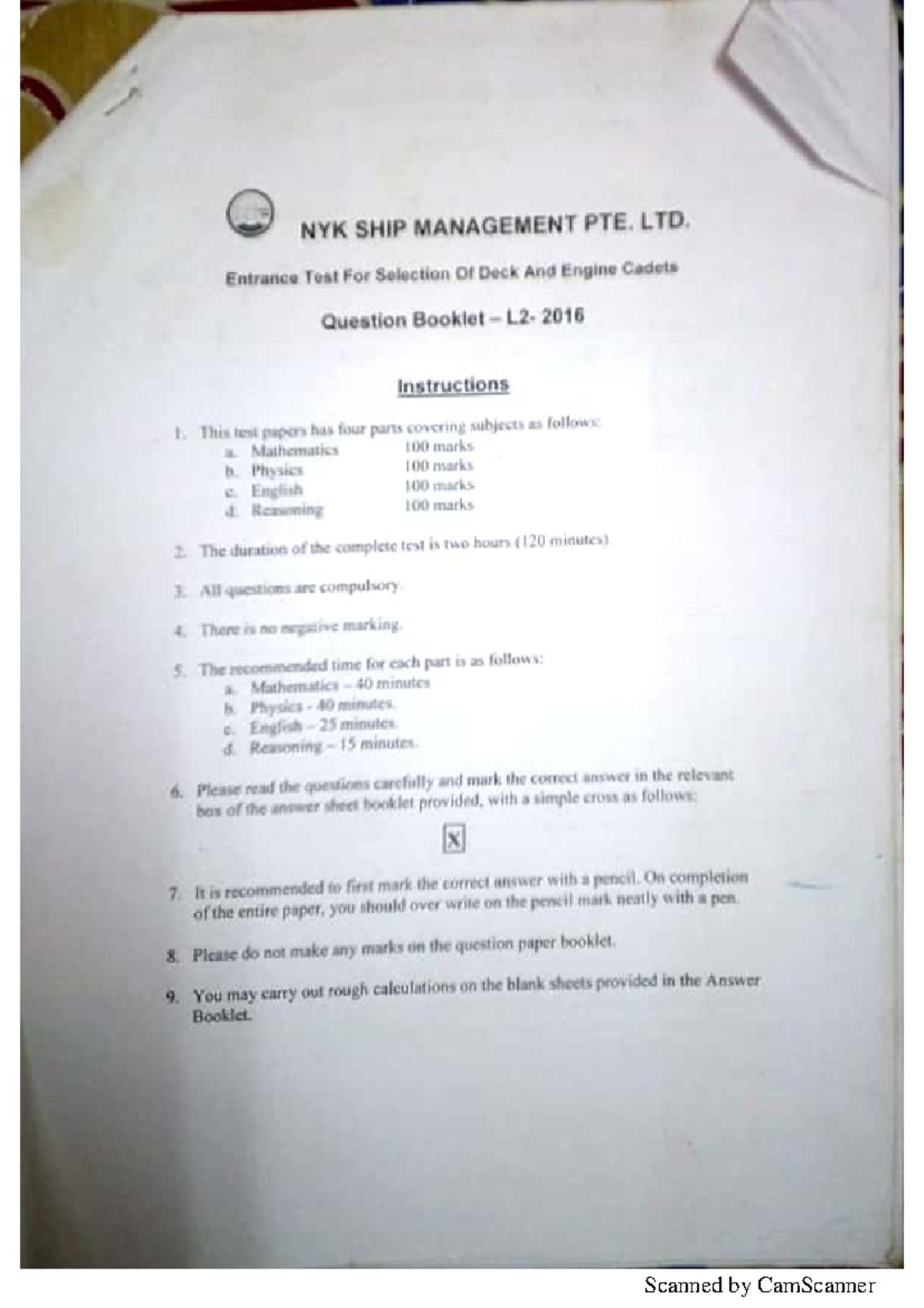 NYK SHIP MANAGEMENT PTE LTD Entrance Test for Deck & Engine Cadets 2016 ...