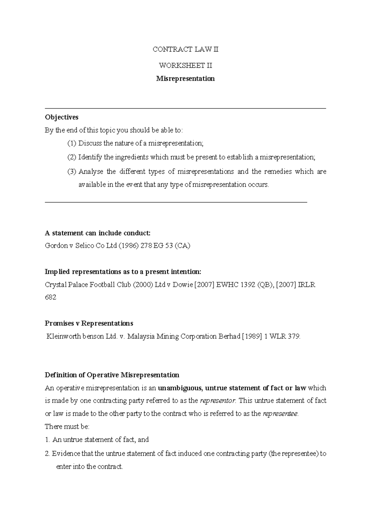 Contract Law II: Worksheet II on Misrepresentation and Remedies - Studocu