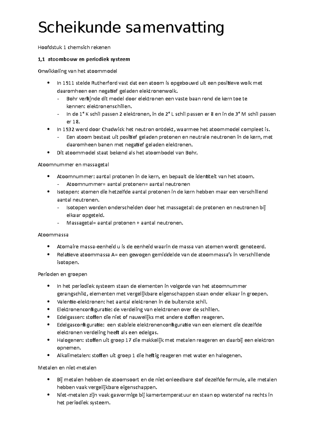 Scheikunde Samenvatting Hoofdstuk 1: Chemisch Rekenen en Bindingen ...