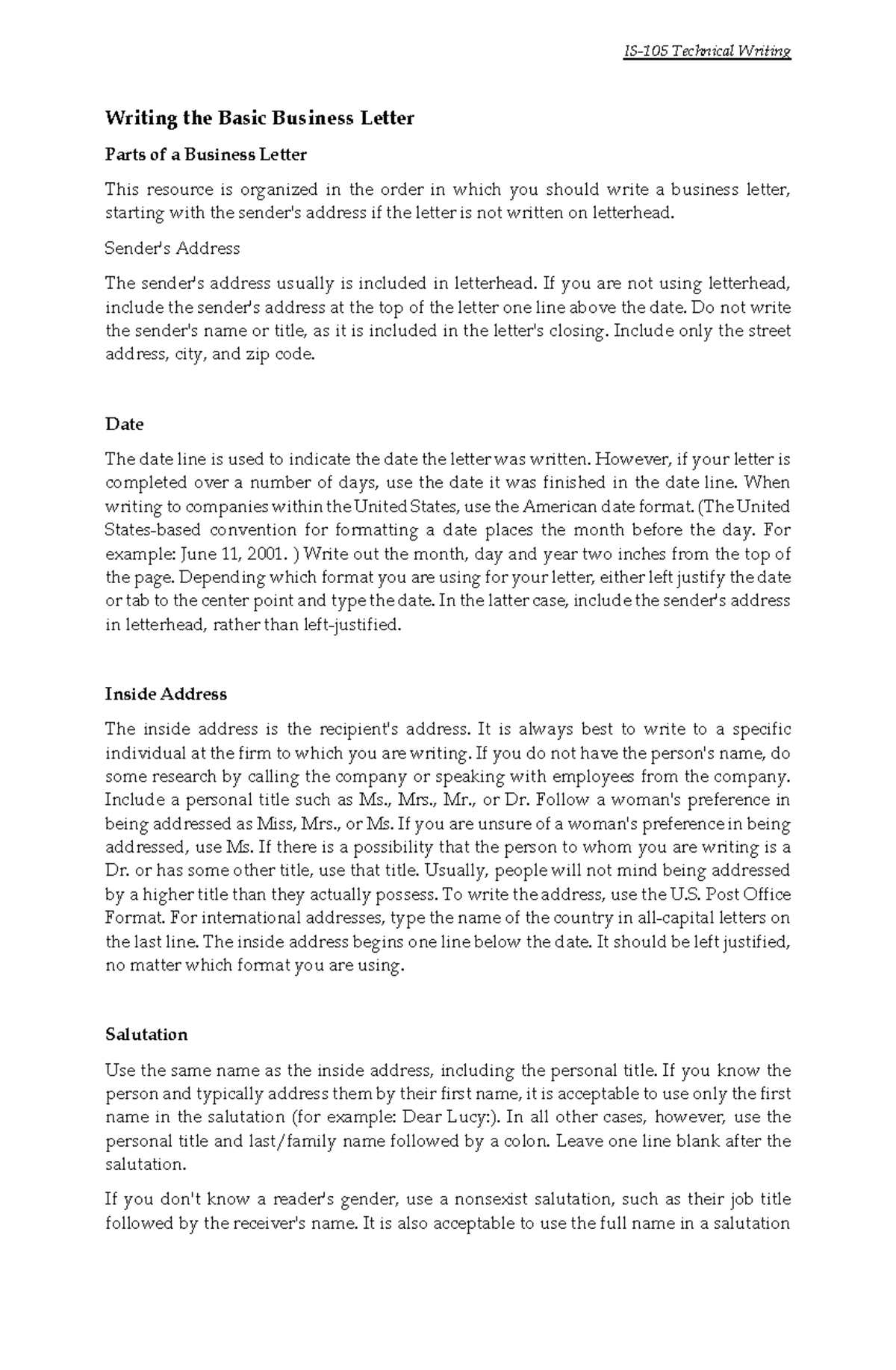 IS-105 Writing Guide: Crafting the Basic Business Letter - Studocu