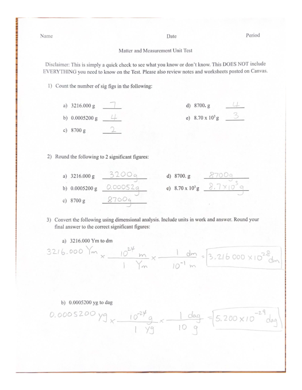 Final Exam: Matter and Measurement Unit Test Review - Studocu