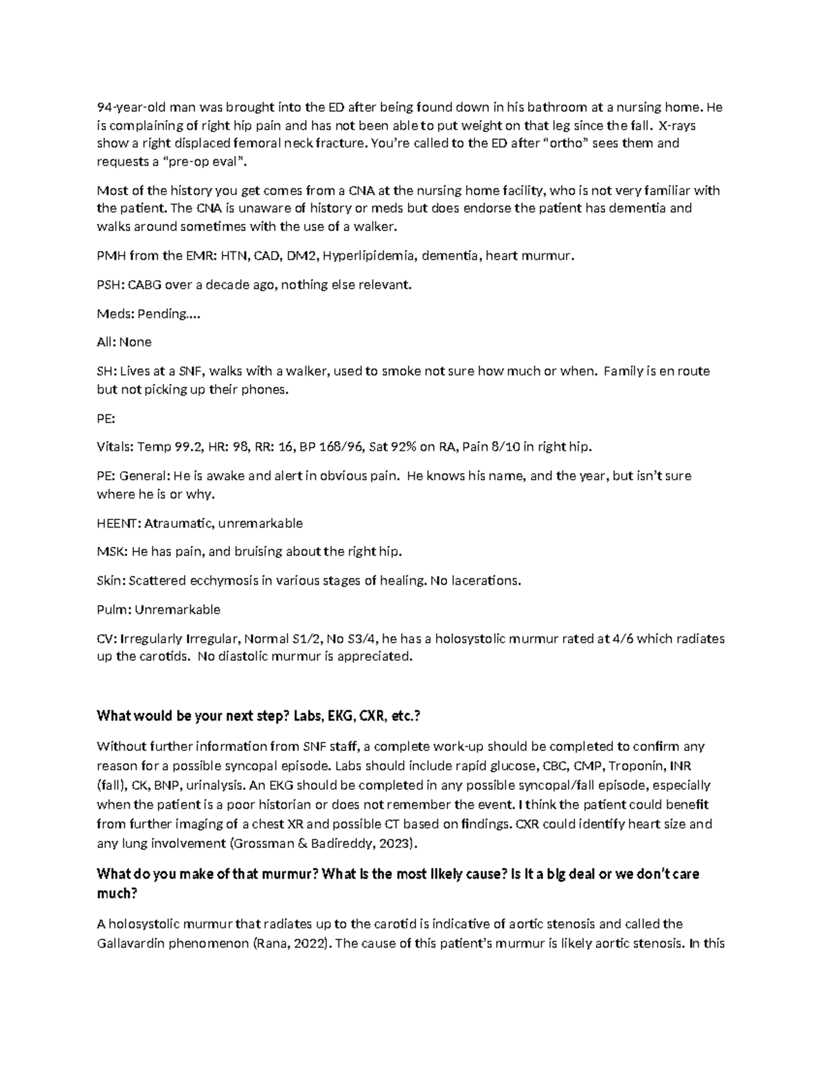 Cardiac Case Study (94-Year-Old Male with Aortic Stenosis Evaluation ...