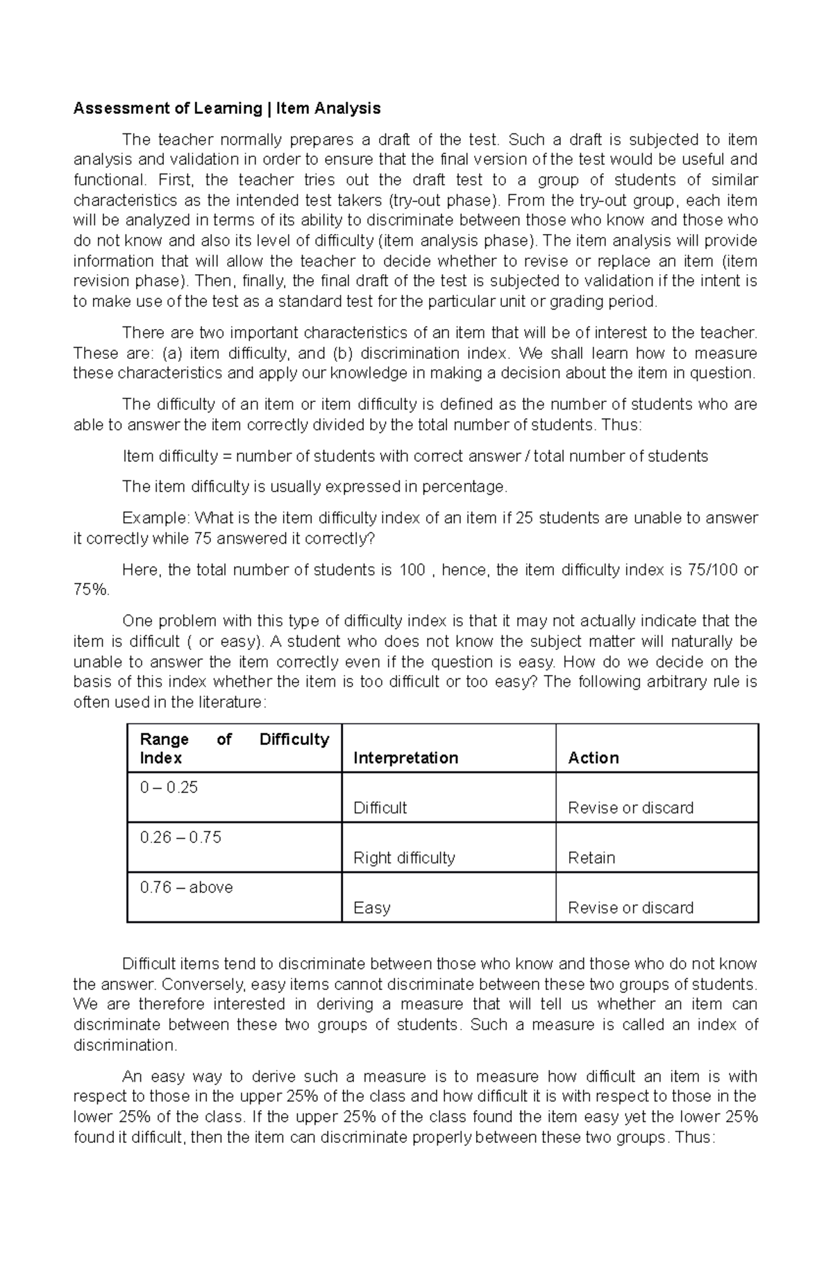 Lecture 2 - Assessment of Learning: Understanding Item Analysis - Studocu