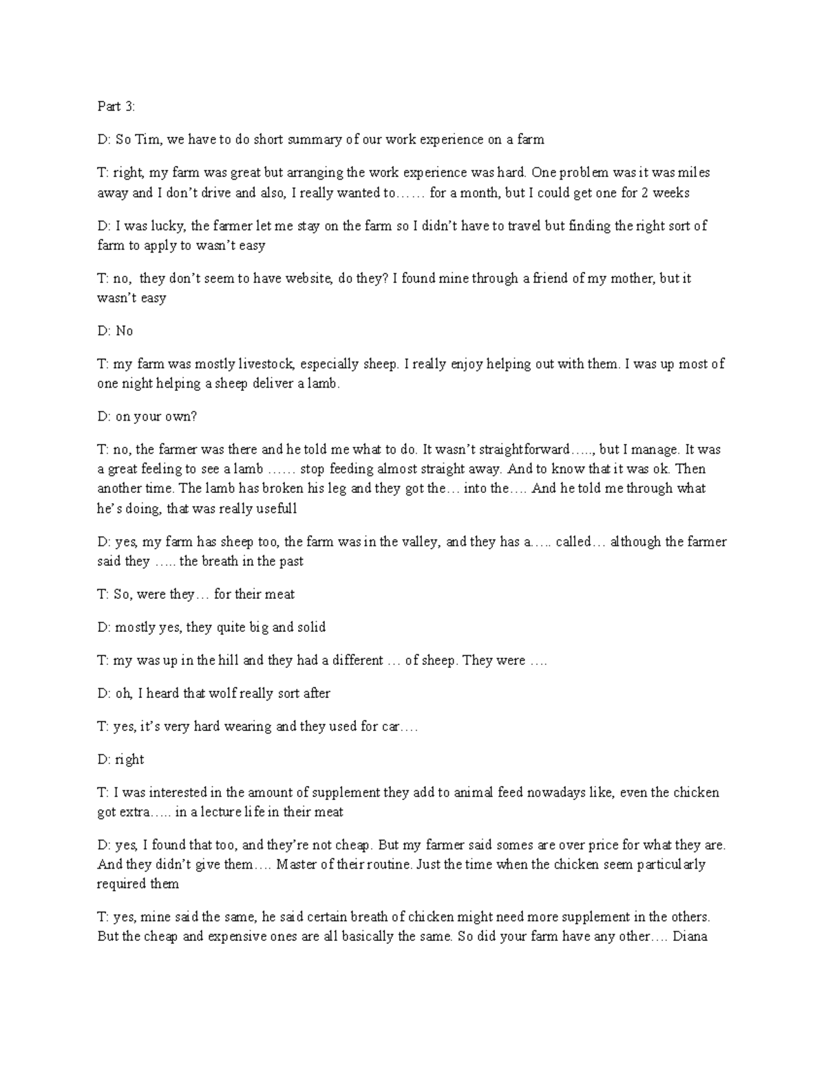 Part 3: Work Experience Summary on Farm Life - Studocu