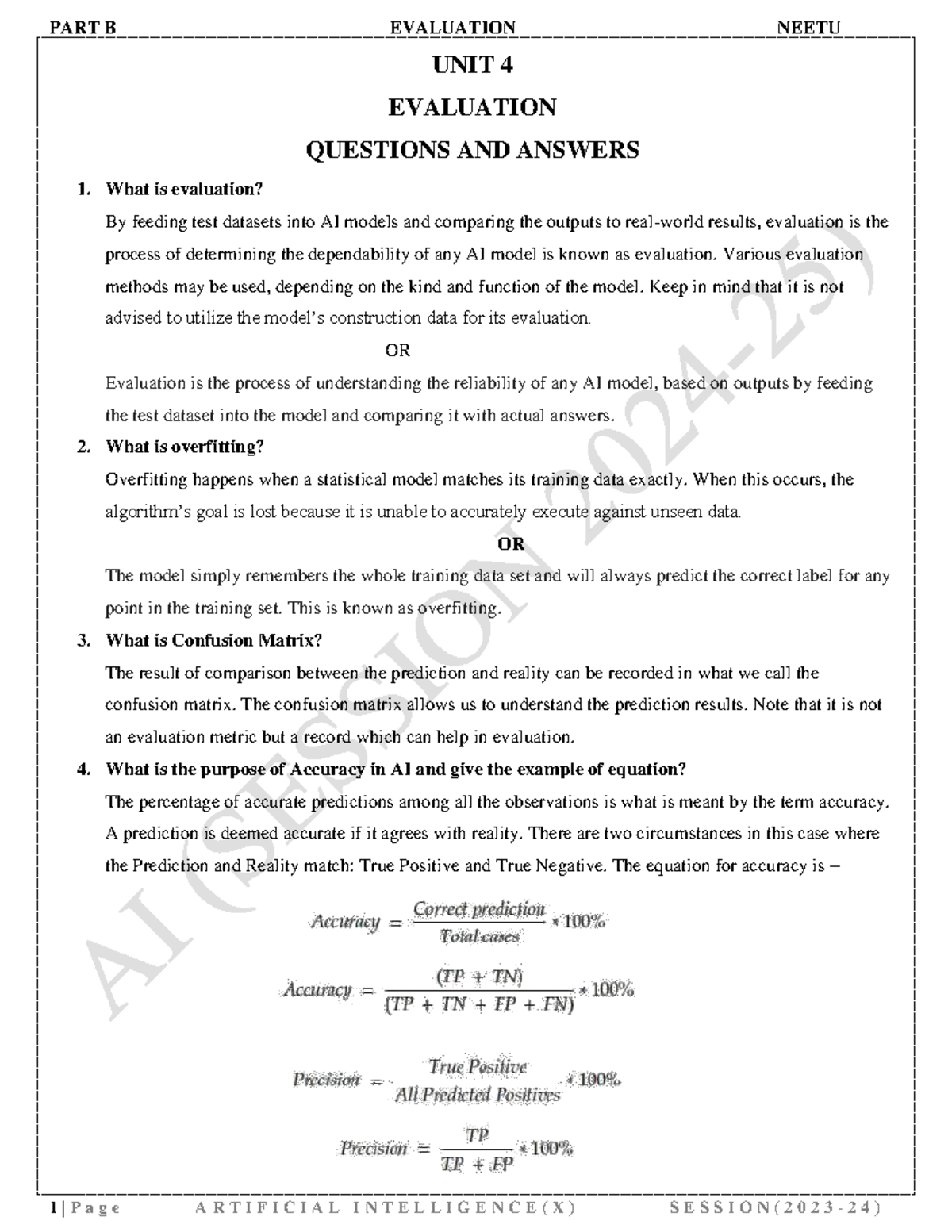 AI Model Evaluation: Key Concepts and Metrics (Part B Unit 7) - Studocu