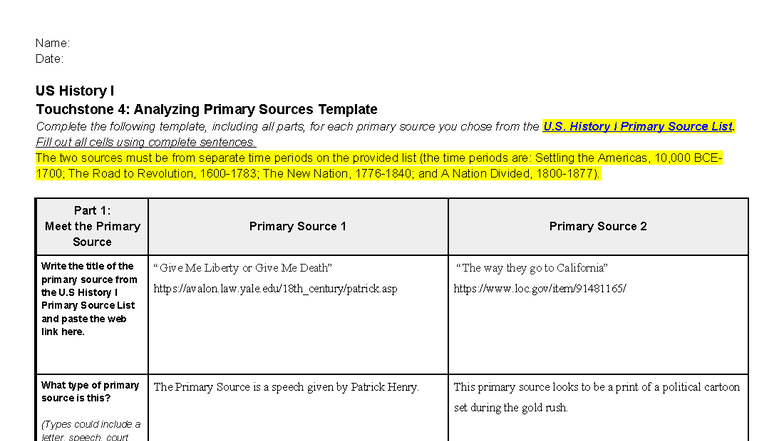 US History I Touchstone 4: Analyzing Primary Sources Template - Studocu