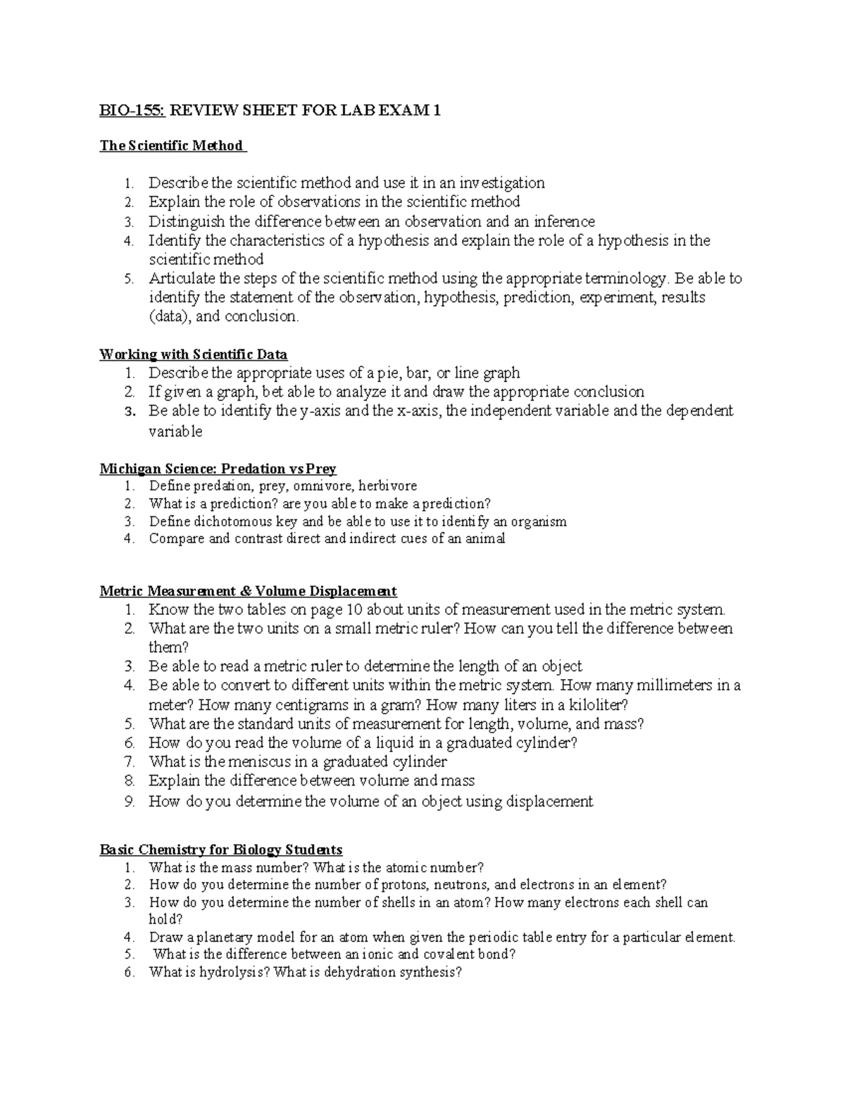 BIO-155 Lab Exam 1 Study Guide - Fall 2024 Overview & Key Concepts ...
