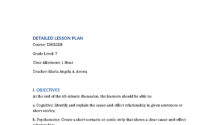 Cause and Effect Lesson Plan for ENGLISH 7 - Studocu