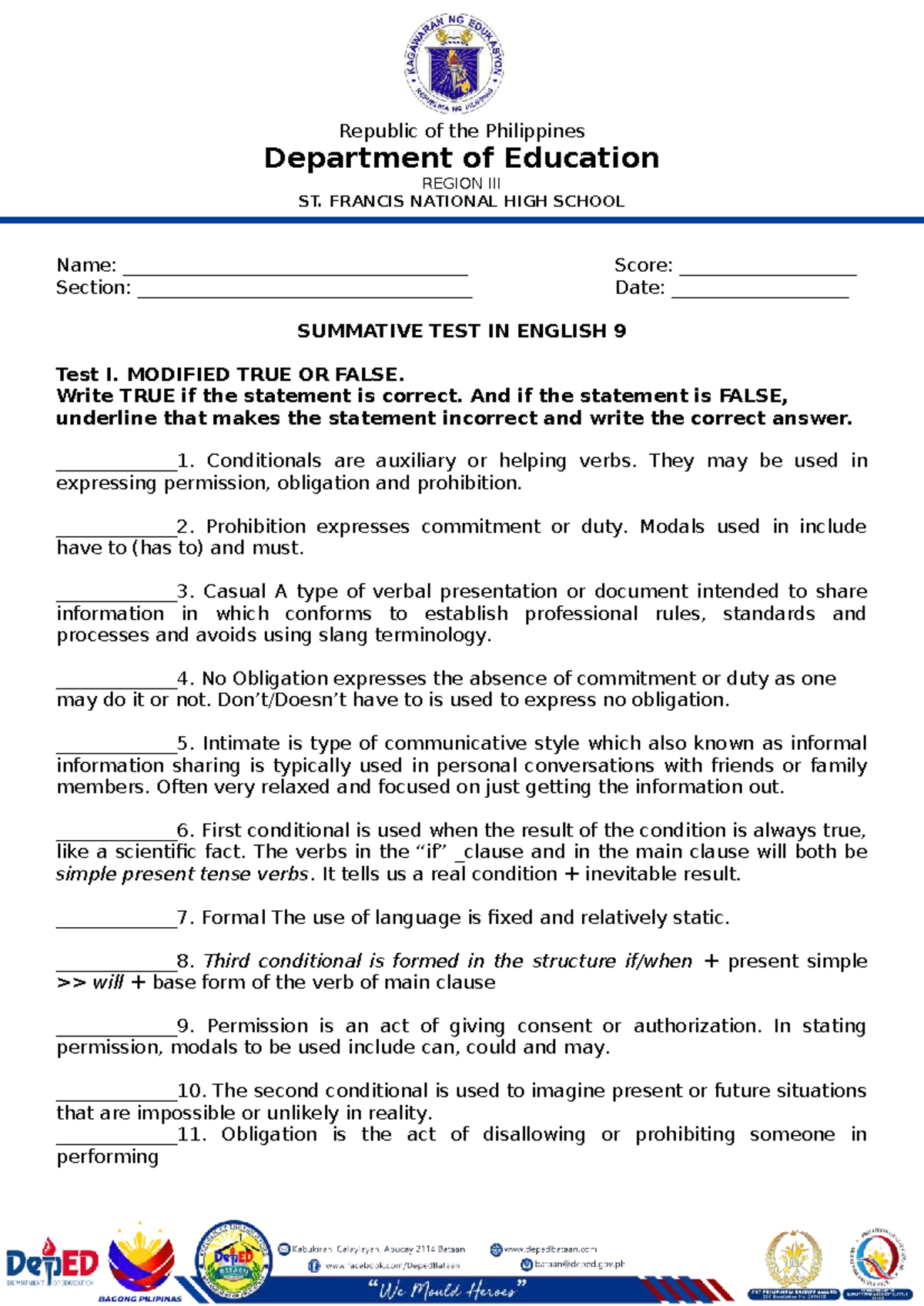 ENG9 Q1 Summative Test: Modals and Communication Styles - Studocu