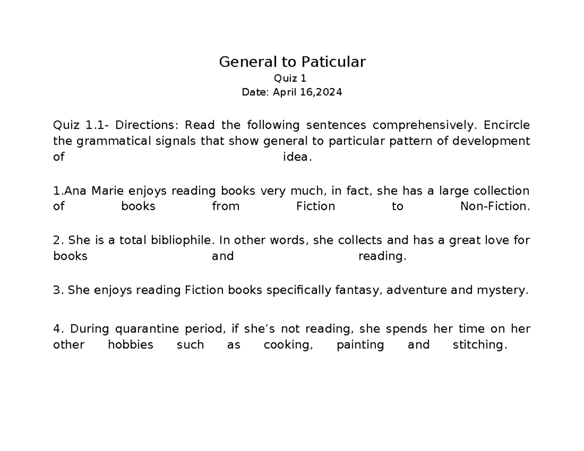 General to Particular - Quiz 1 Notes - Studocu