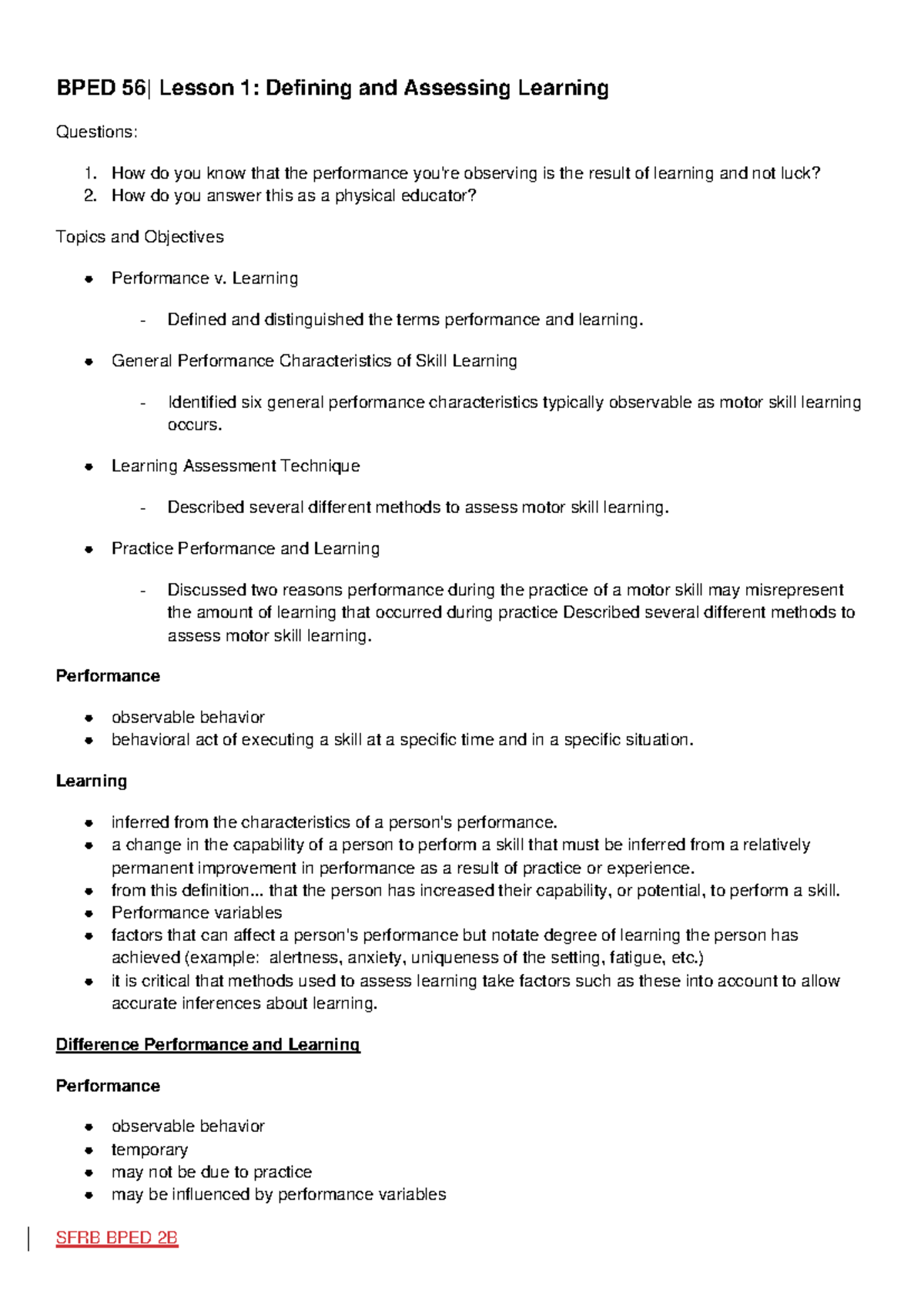 BPED 56 Lesson 1: Understanding Performance vs. Learning in Education ...