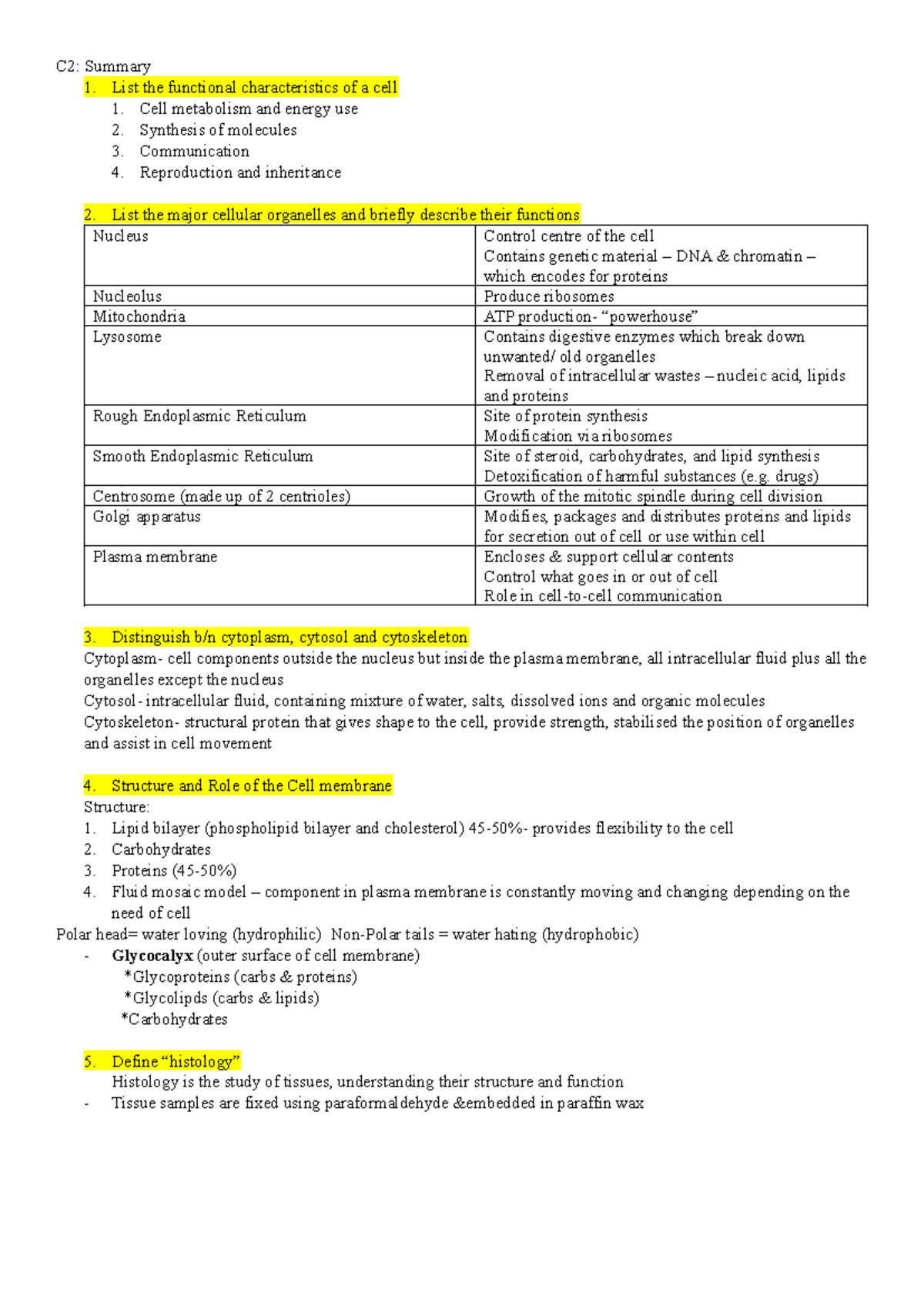 C2: Summary of Cell Structure and Function Characteristics - Studocu