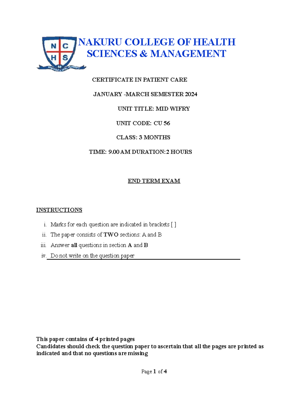 Midwifery Final Exam - CU 56 - January Semester 2024 - Studocu