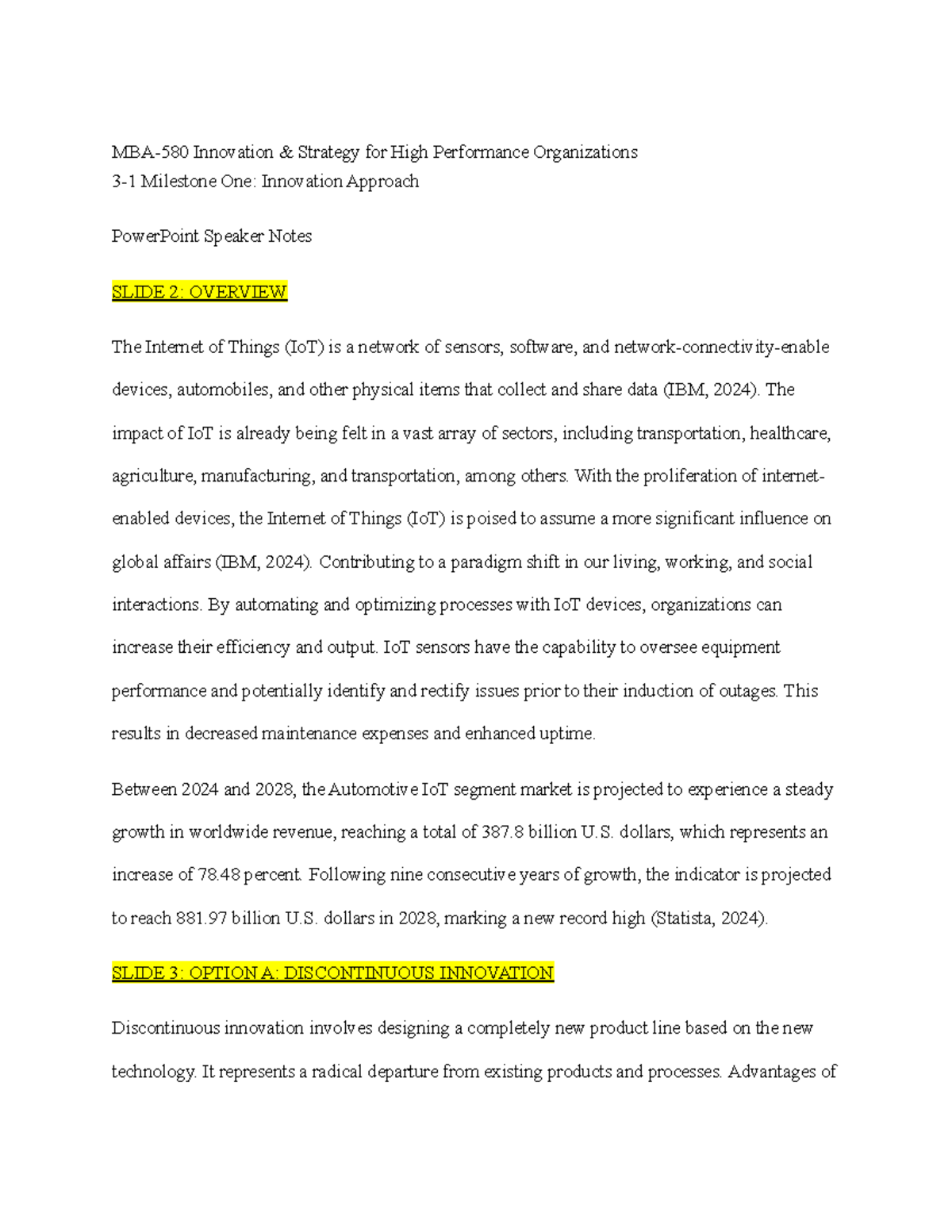 MBA-580 Speaker Notes for 3-1 Milestone One: Innovation Strategy - Studocu