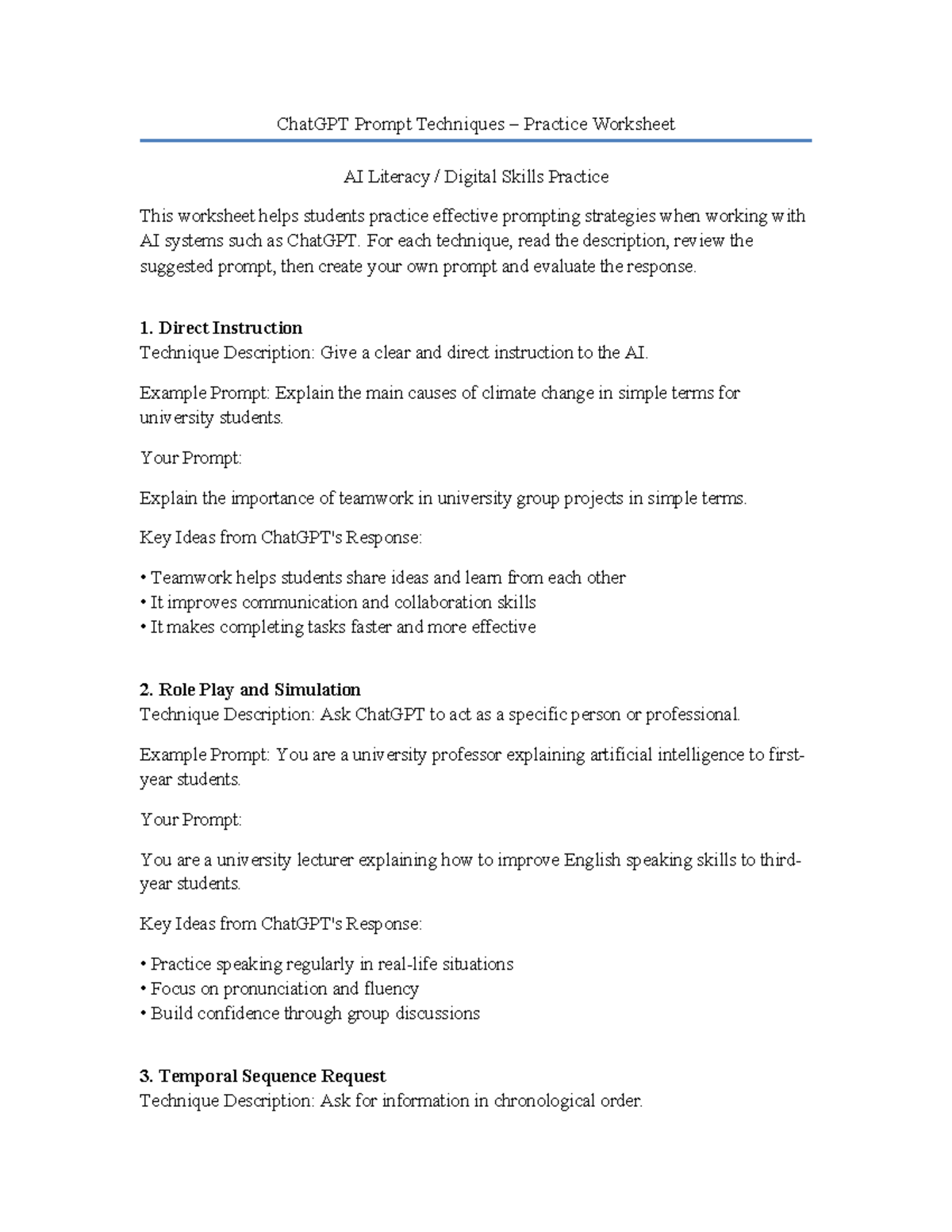 AI Literacy: ChatGPT Prompt Techniques Practice Worksheet - Studocu