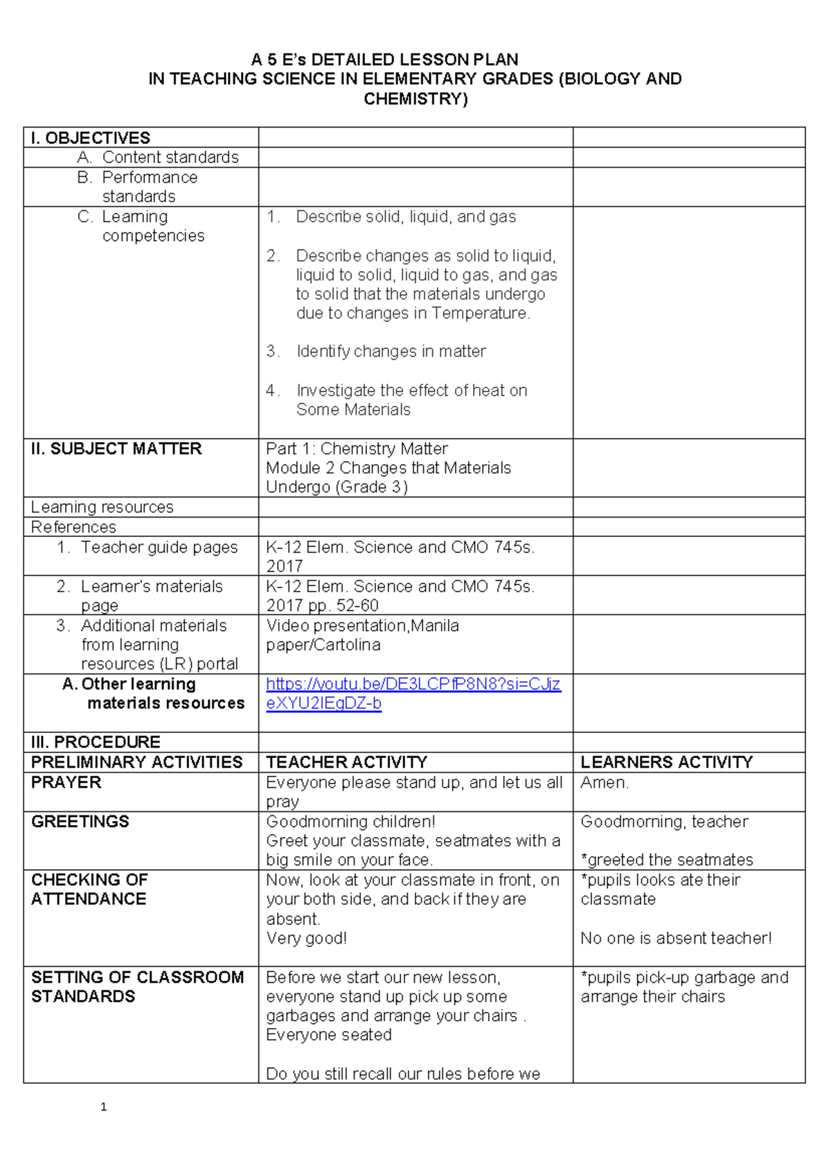 G3-5E's Detailed Lesson Plan on Changes in Matter - Studocu