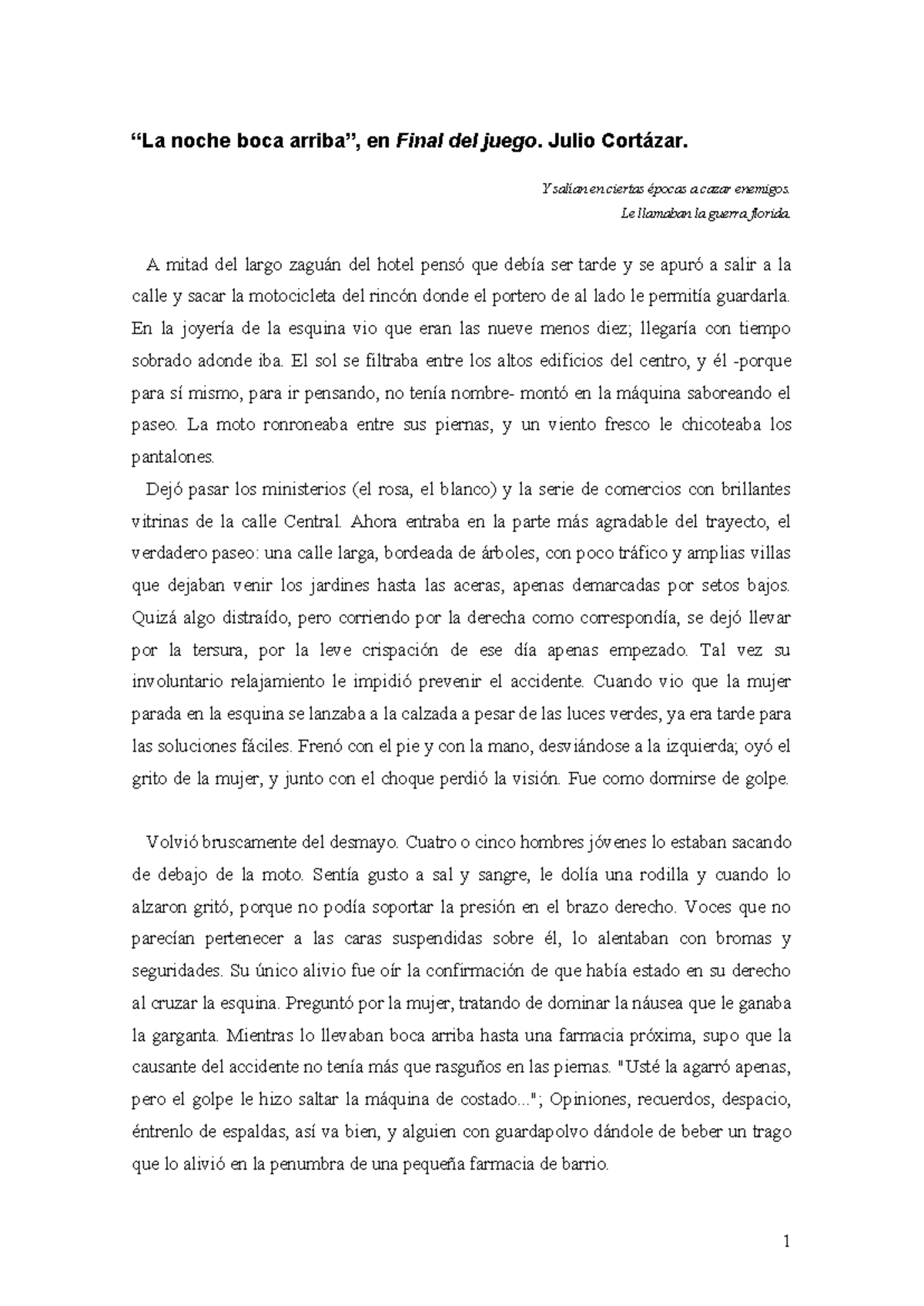 La noche boca arriba: Apuntes sobre el relato de Julio Cortázar - Studocu