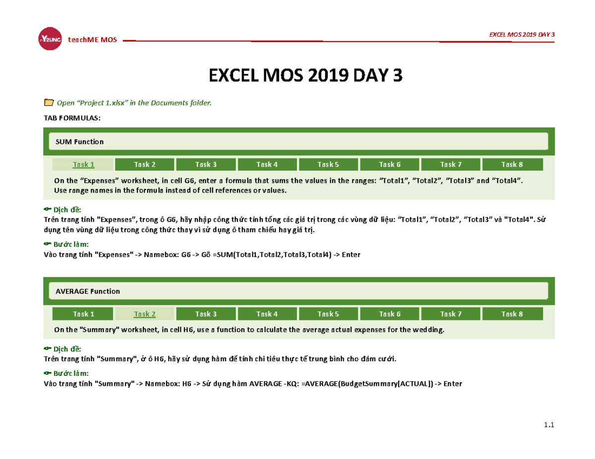 EXCEL MOS 2019 DAY 3: Formulas, Functions, and Data Tools Guide - Studocu