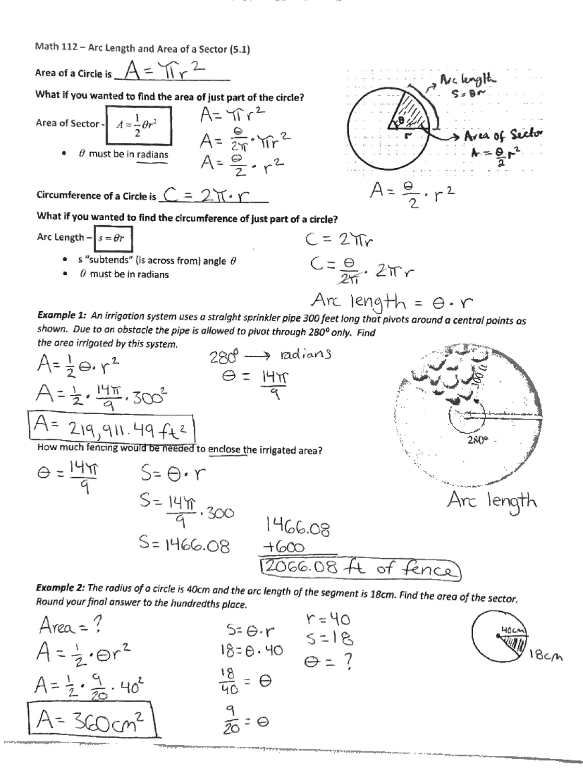 Math 112: Arc Length and Area of Sector Study Notes - Studocu