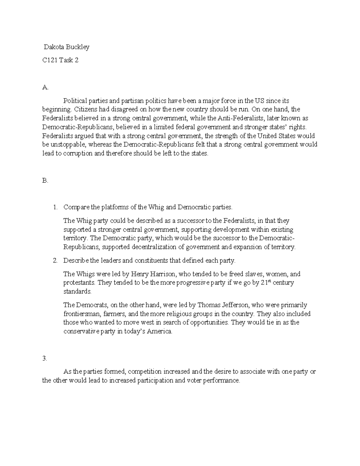 C121 Survey US History Task 2: Political Parties & Civil War Causes ...